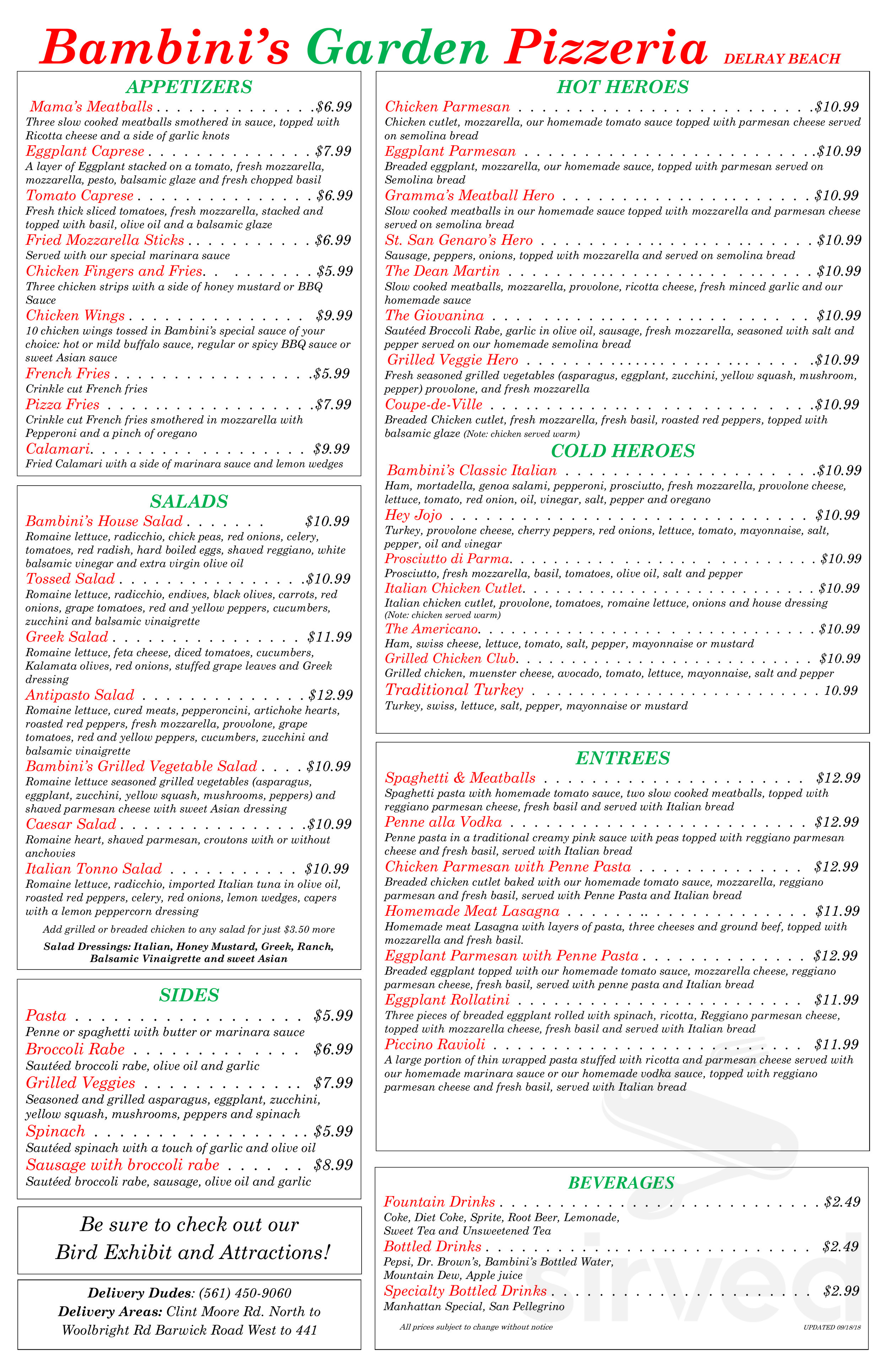 Menu for Bambini's Garden Pizzeria in Delray Beach, FL | Sirved