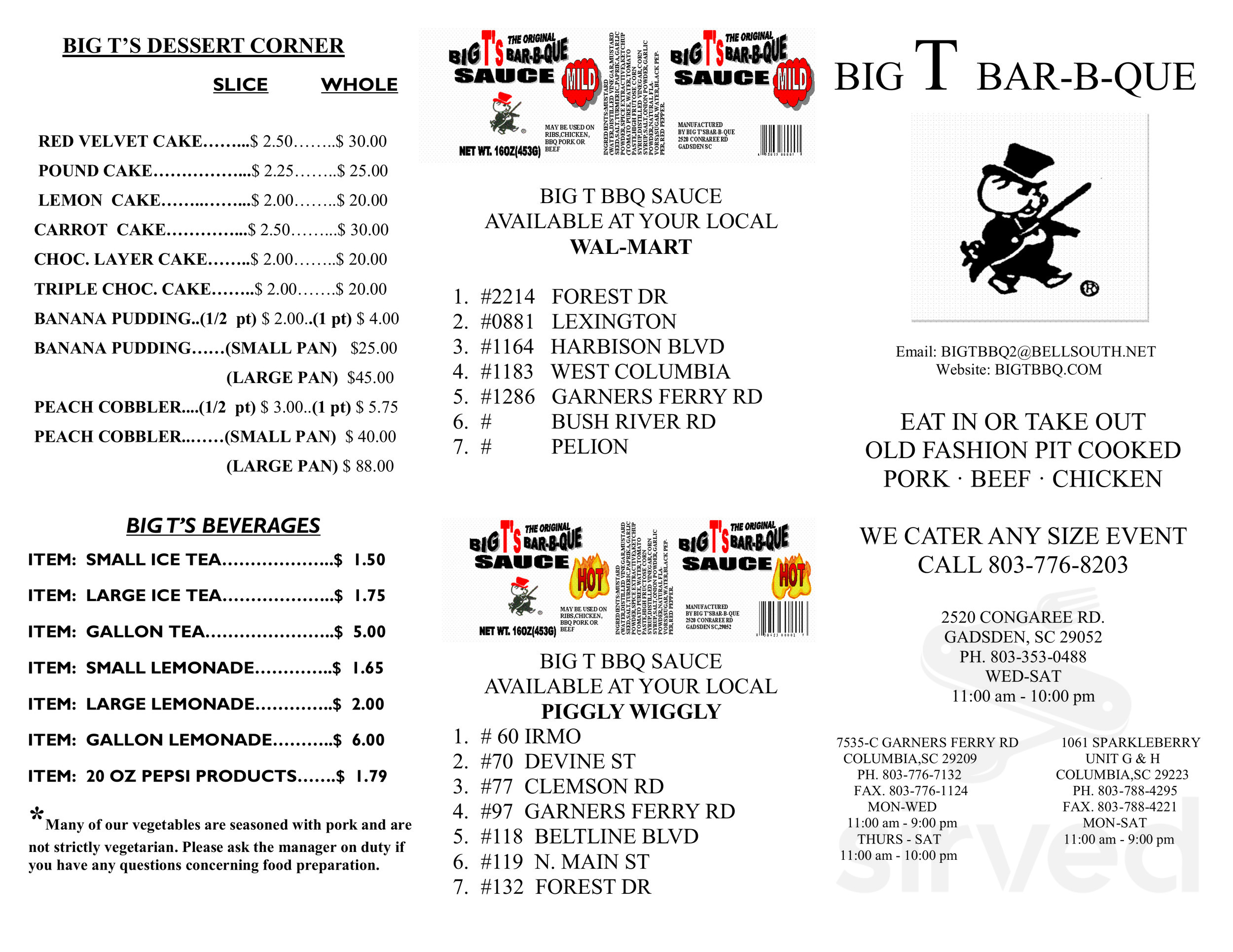Big T s Bar B Que Menus In Columbia South Carolina United States