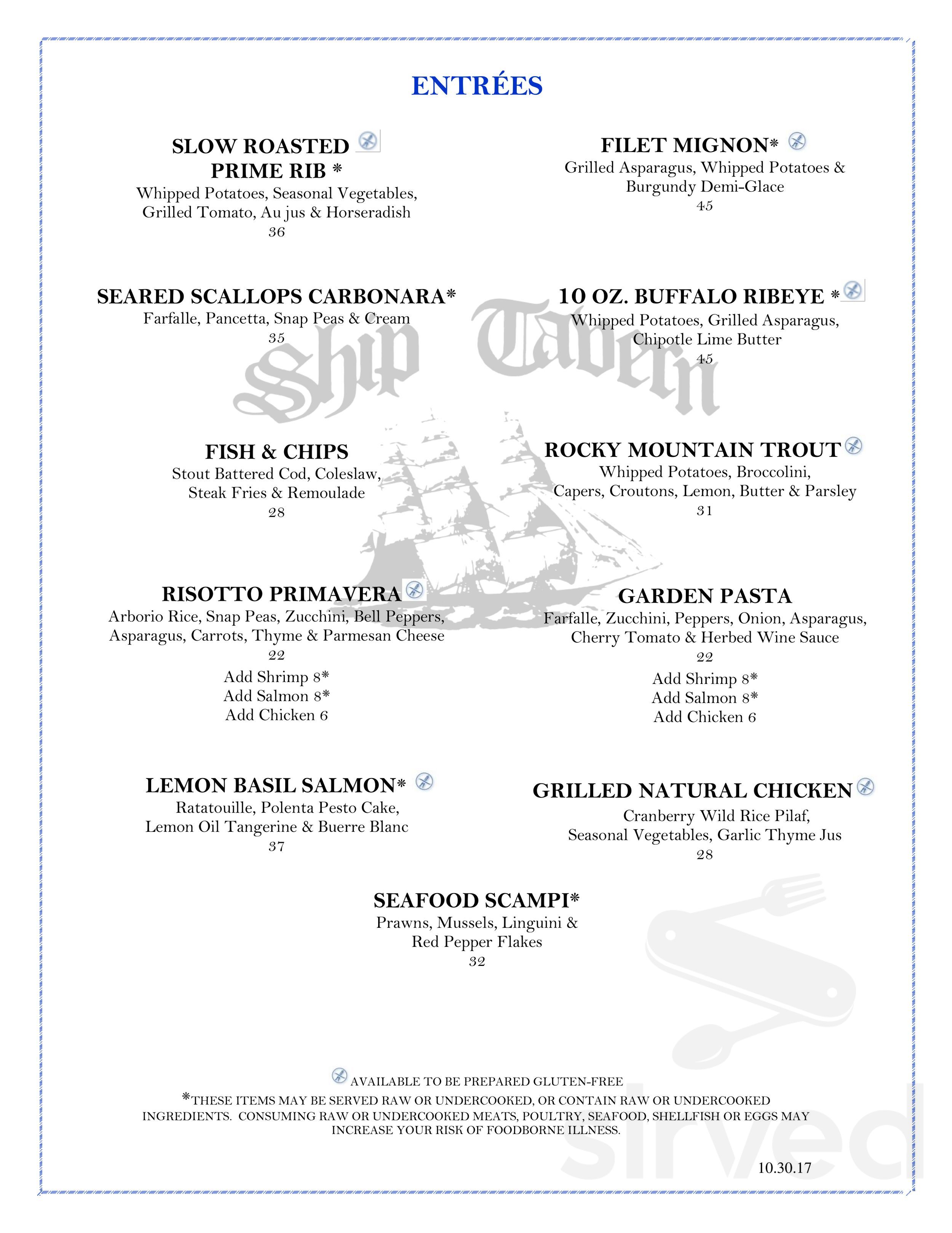 Ship Tavern menu in Denver, Colorado, USA