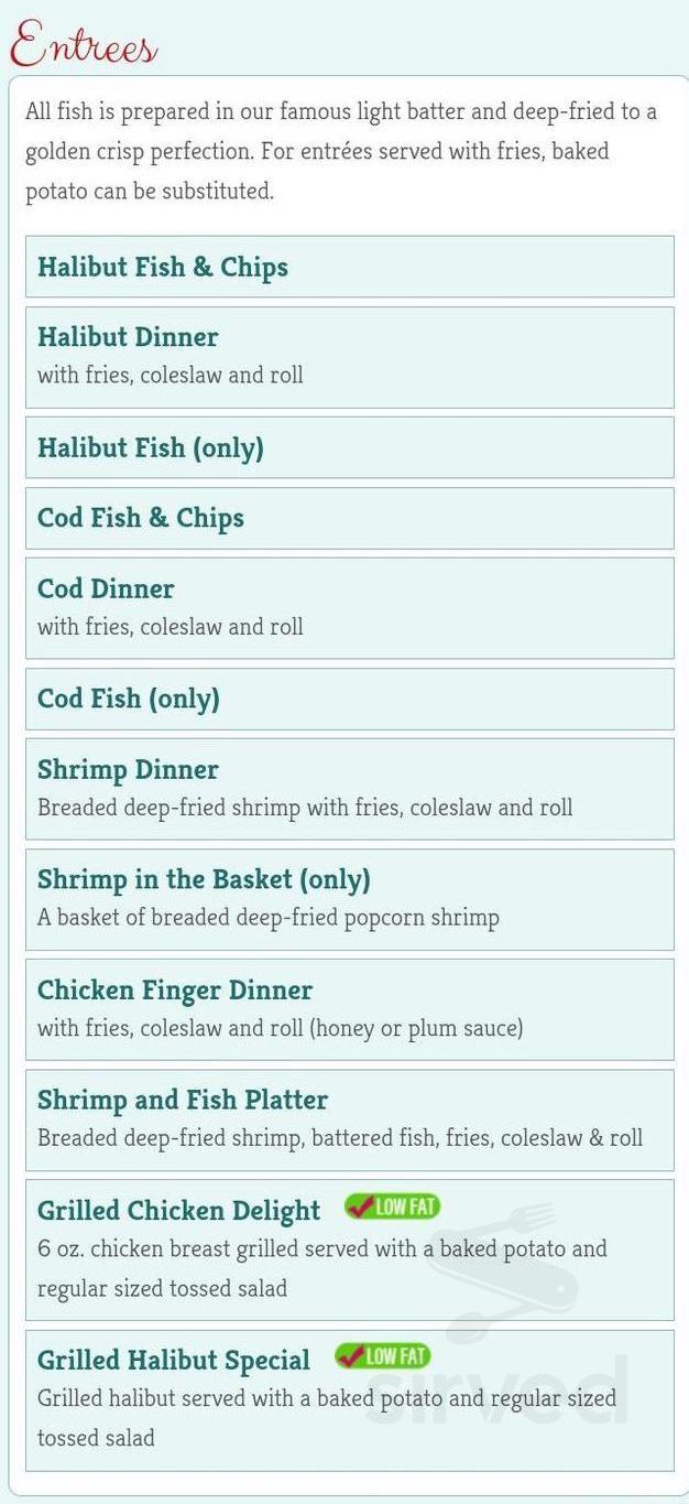 Lord Elgin Fish & Chips menu in Port Elgin, Ontario, Canada