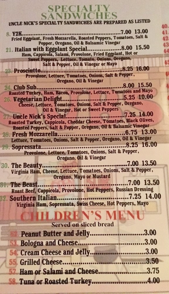 Menu - Seaside Park NJ's Uncle Nick's Sub Shop | Sirved