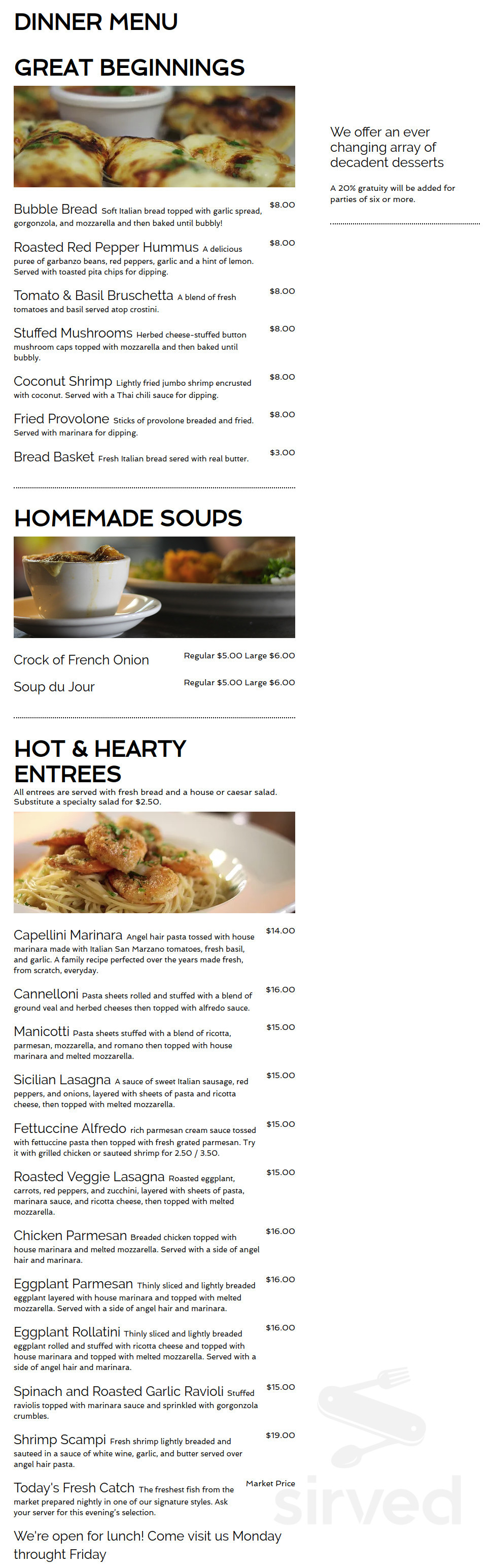 Bella Bella menu in Tallahassee, Florida, USA