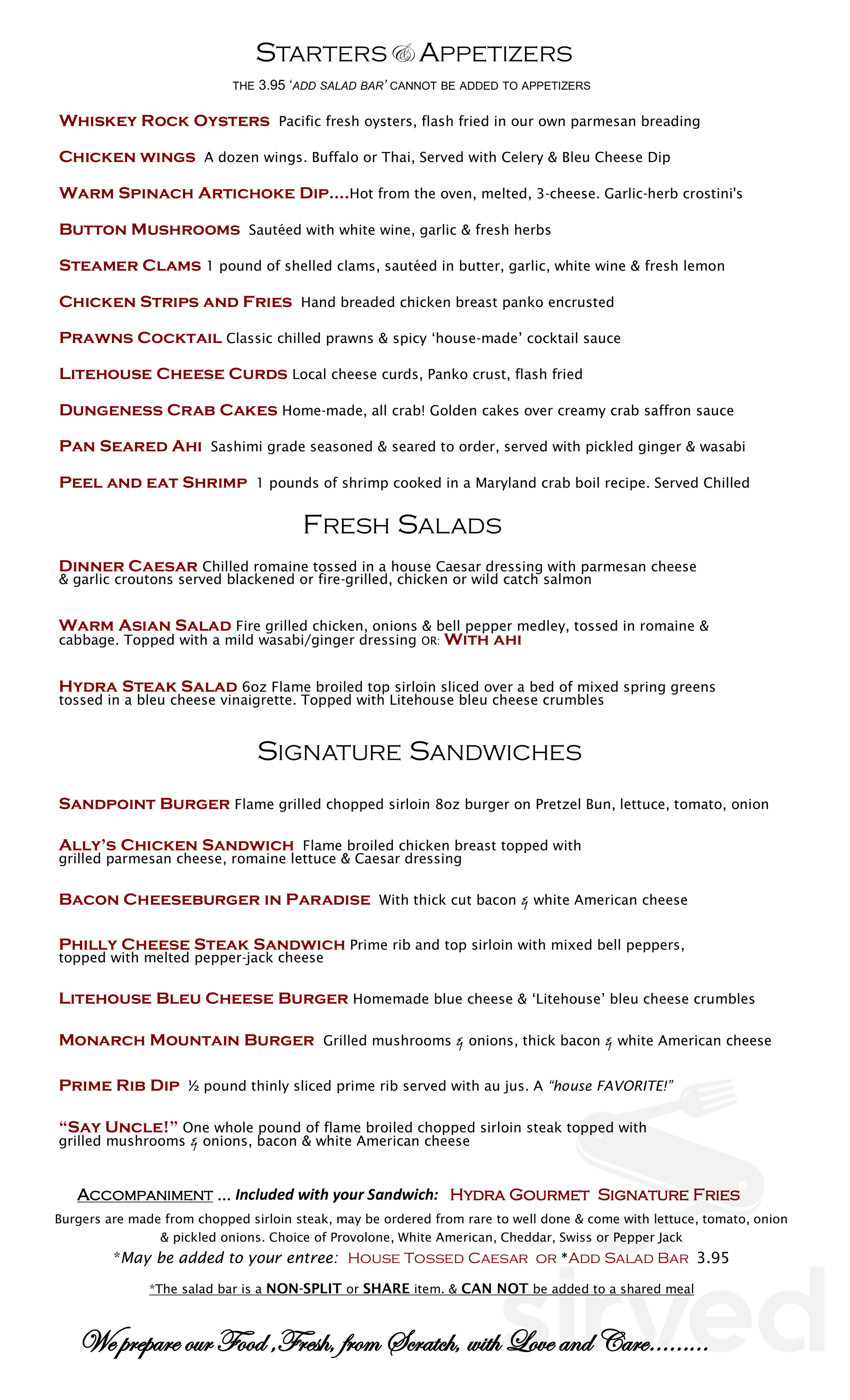 The Hydra Steakhouse menus in Sandpoint, Idaho, United States