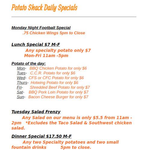 Potato Shack menu in Huntsville, Texas, USA