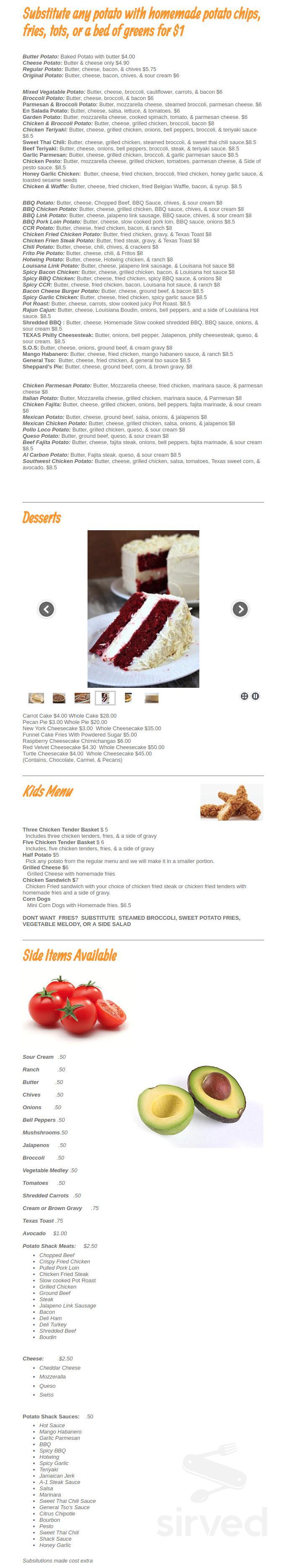 Potato Shack menu in Huntsville, Texas, USA