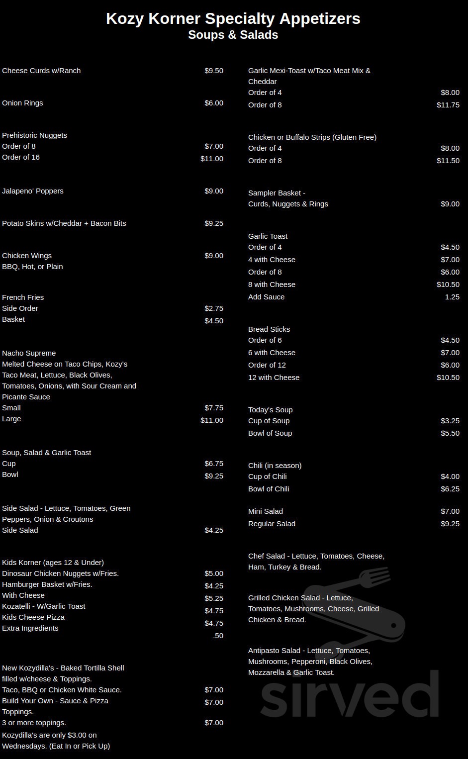 Kozy Korner menu in Hudson, Wisconsin, USA
