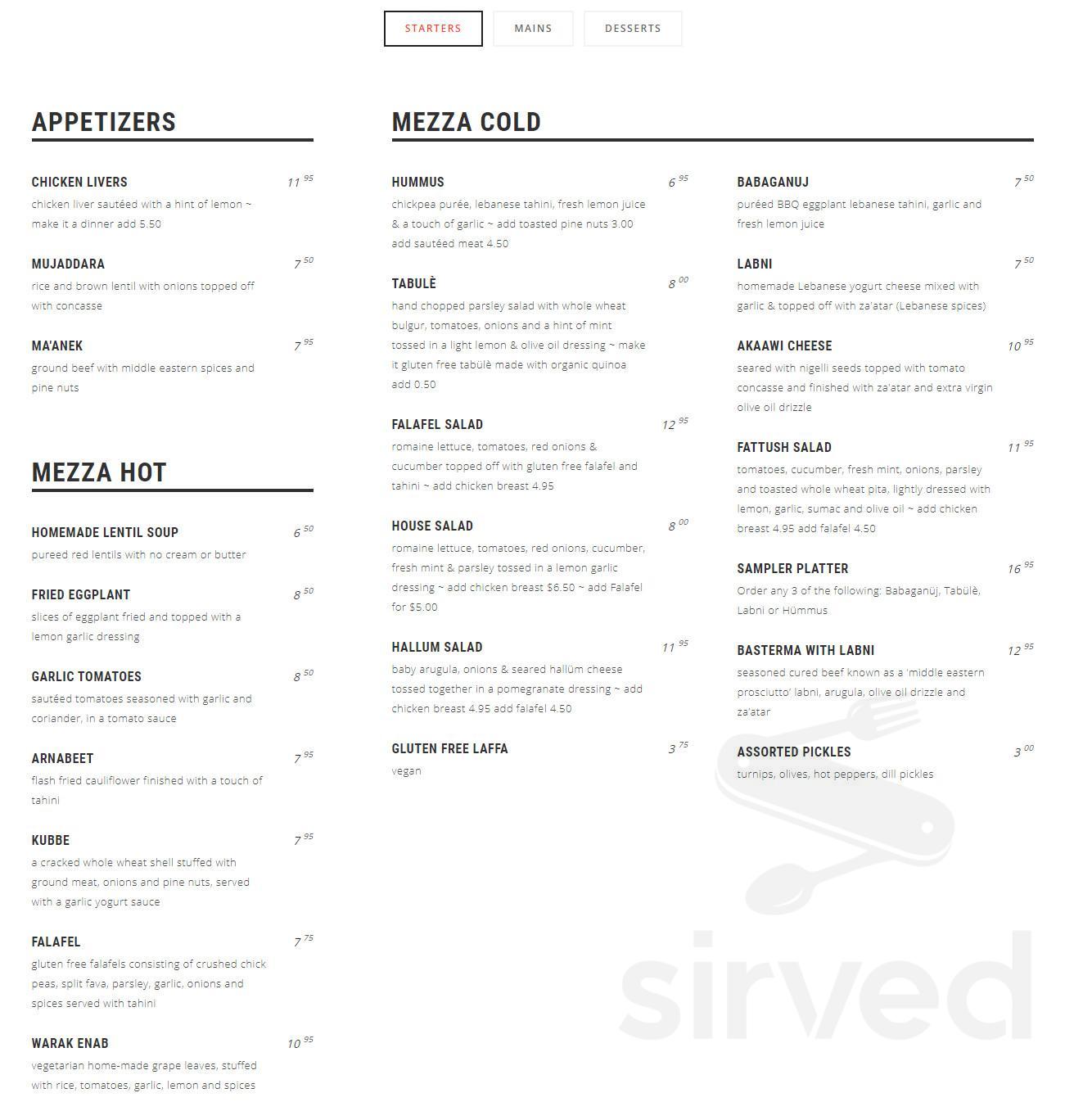 Tabule Bayview Village menu in North York, Ontario, Canada