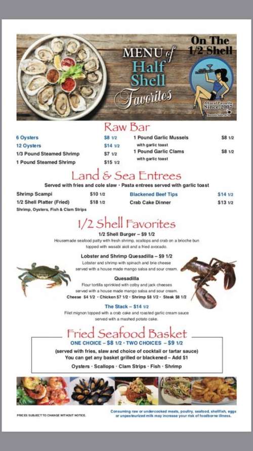 On The Half Shell menu in Murrells Inlet, South Carolina, USA