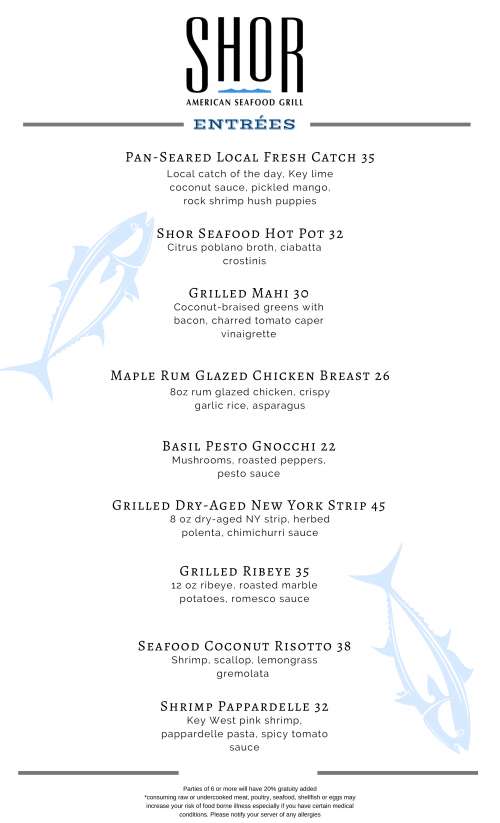SHOR American Seafood Grill menu in Key West, Florida, USA