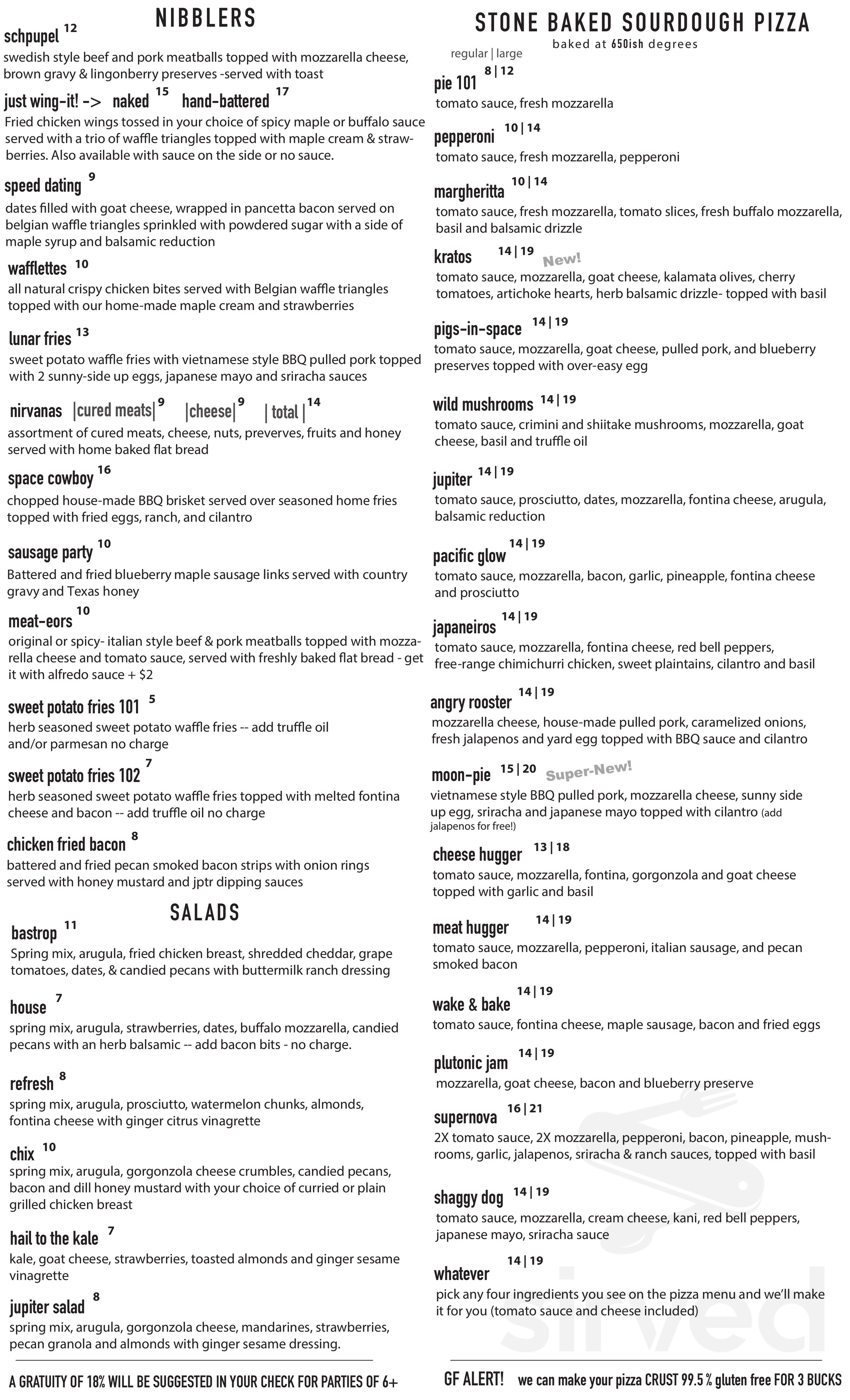Jupiter Pizza & Waffles Co. menu in Sugar Land, Texas, USA