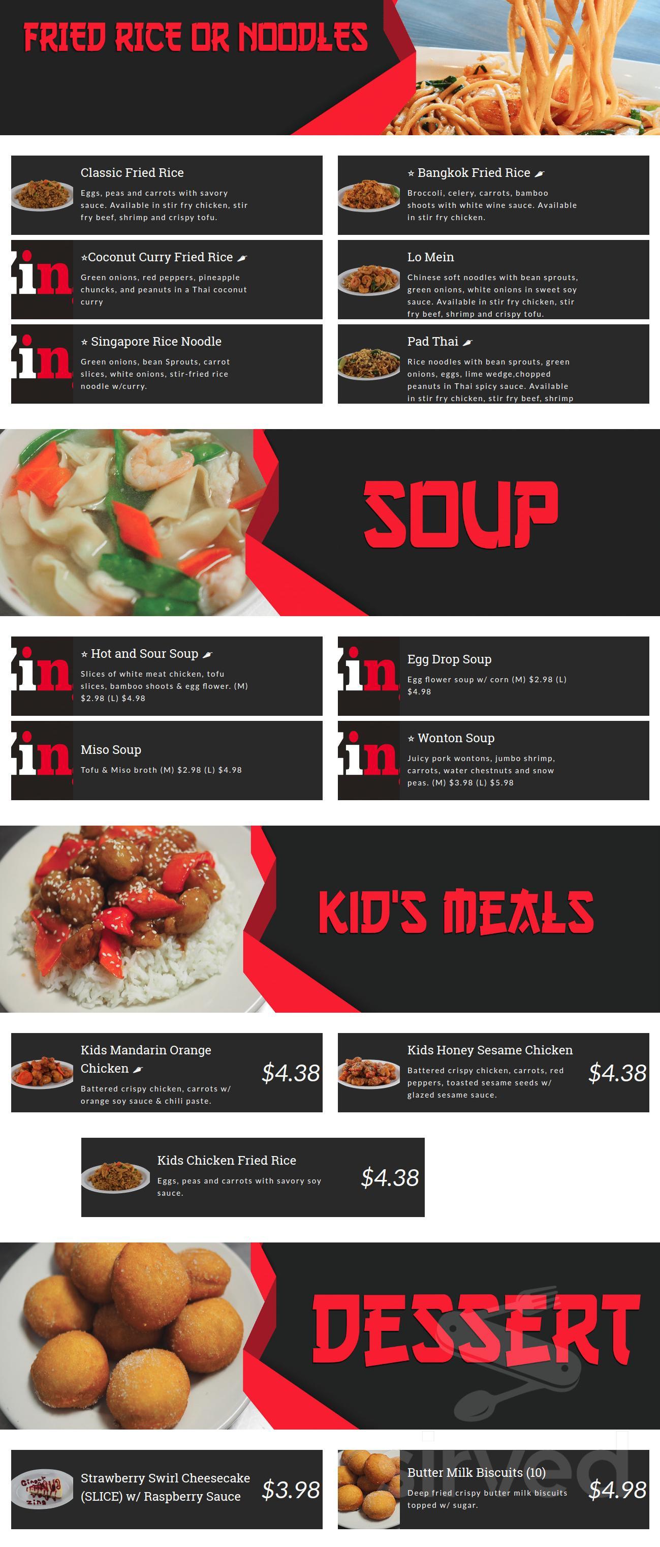 Ginger Zing menu in Mesa, Arizona, USA