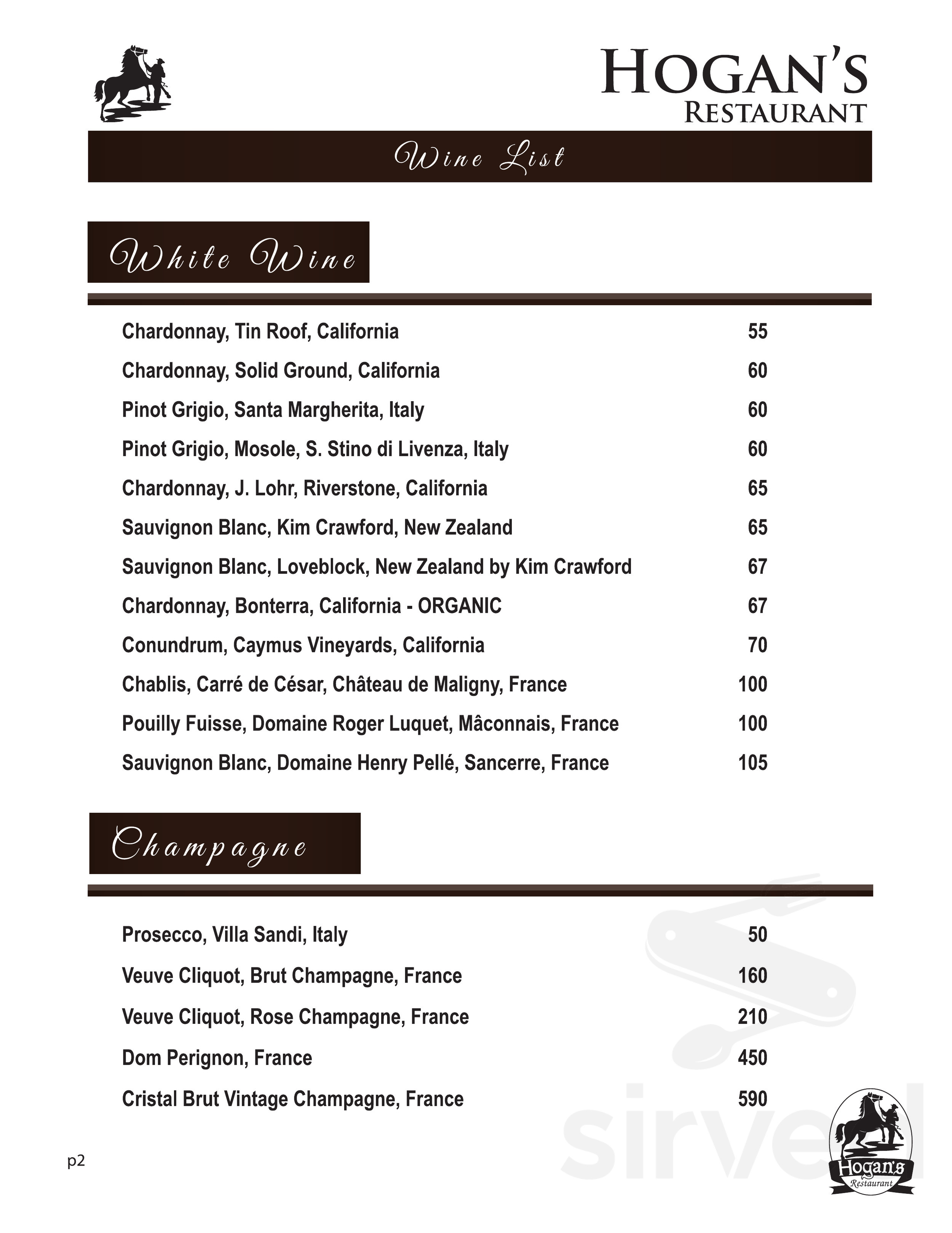 Hogan's Restaurant menu in King City, Ontario, Canada