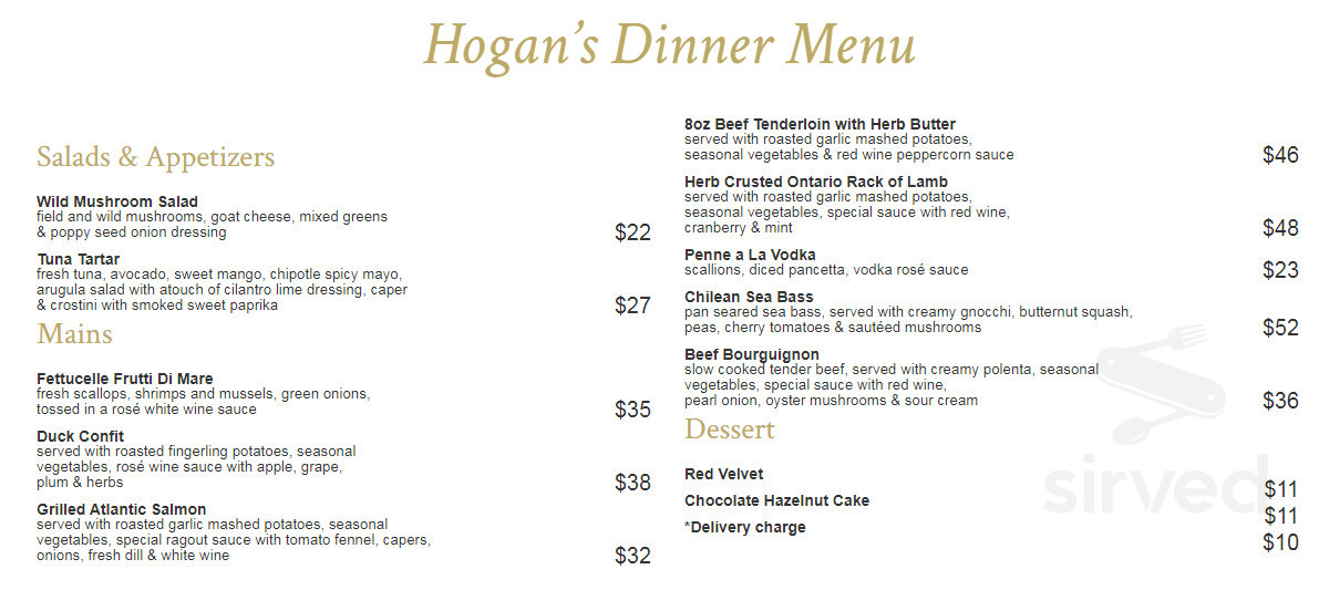 Hogan's Restaurant menus in King City, Ontario, Canada