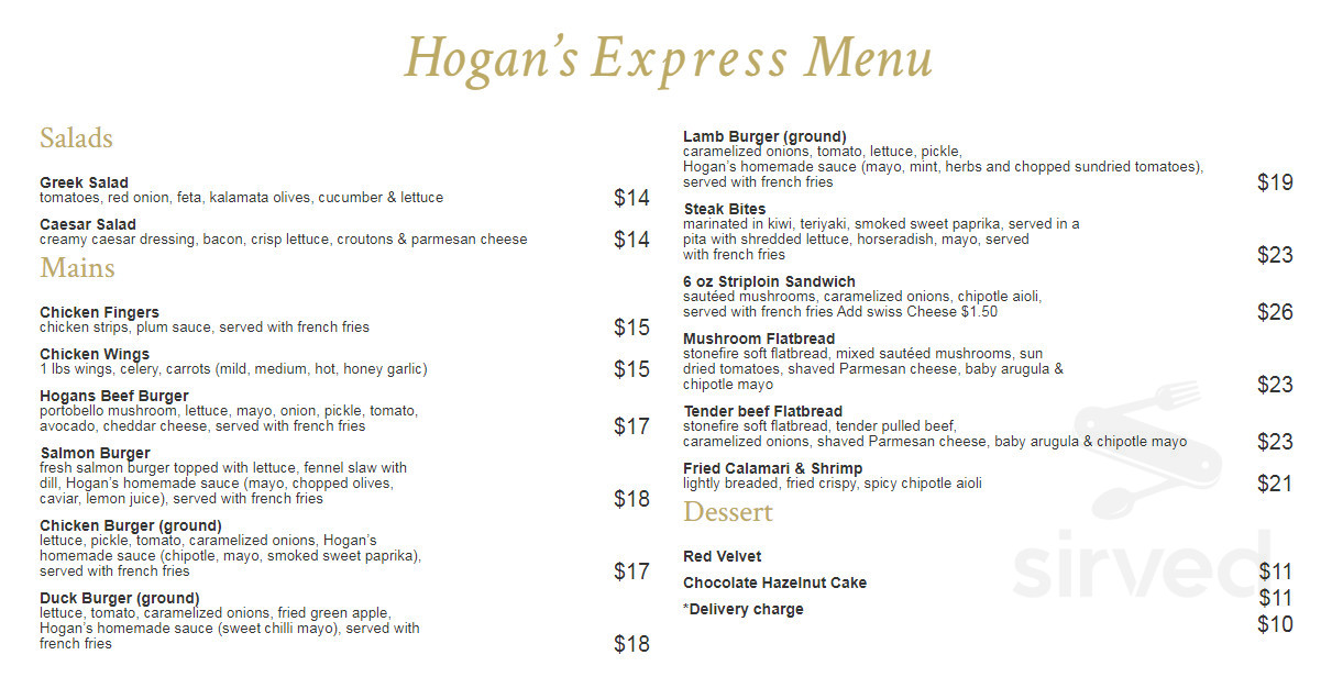 Hogan's Restaurant menus in King City, Ontario, Canada