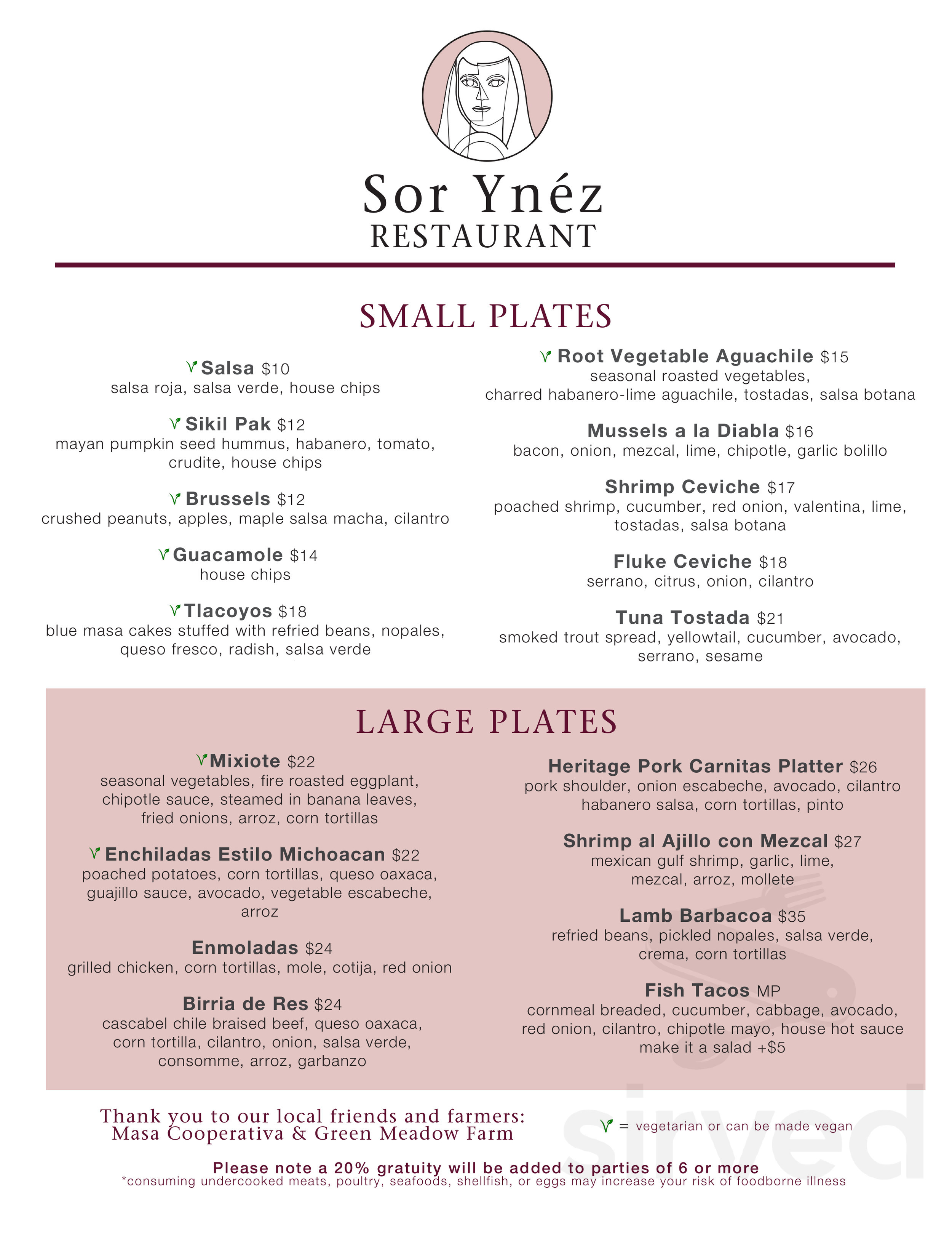 Menu - Philadelphia PA's Sor Ynez | Sirved