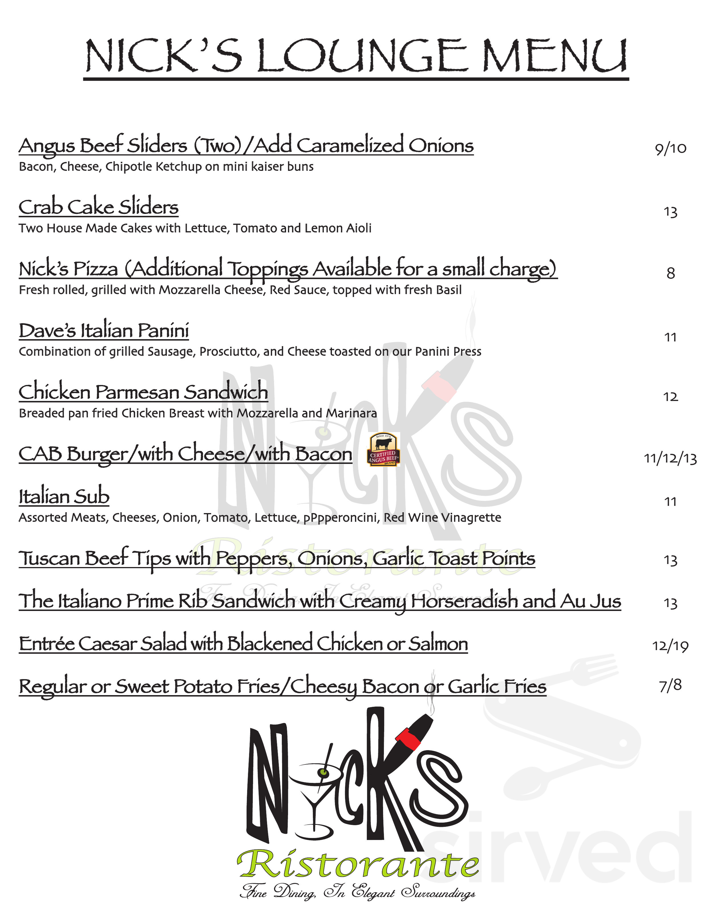 Nick's Ristorante menu in Huntsville, Alabama, USA