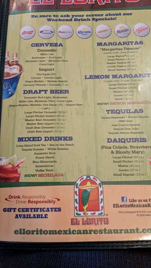 El Lorito Mexican Restaurant menu in Bessemer City, North Carolina, USA