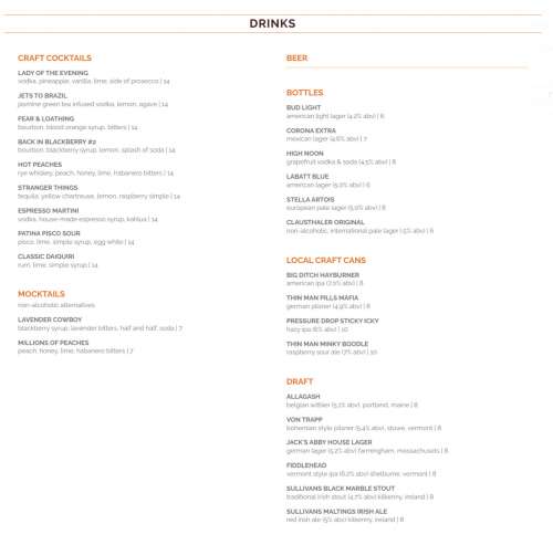 Patina 250 menu in Buffalo, New York, USA