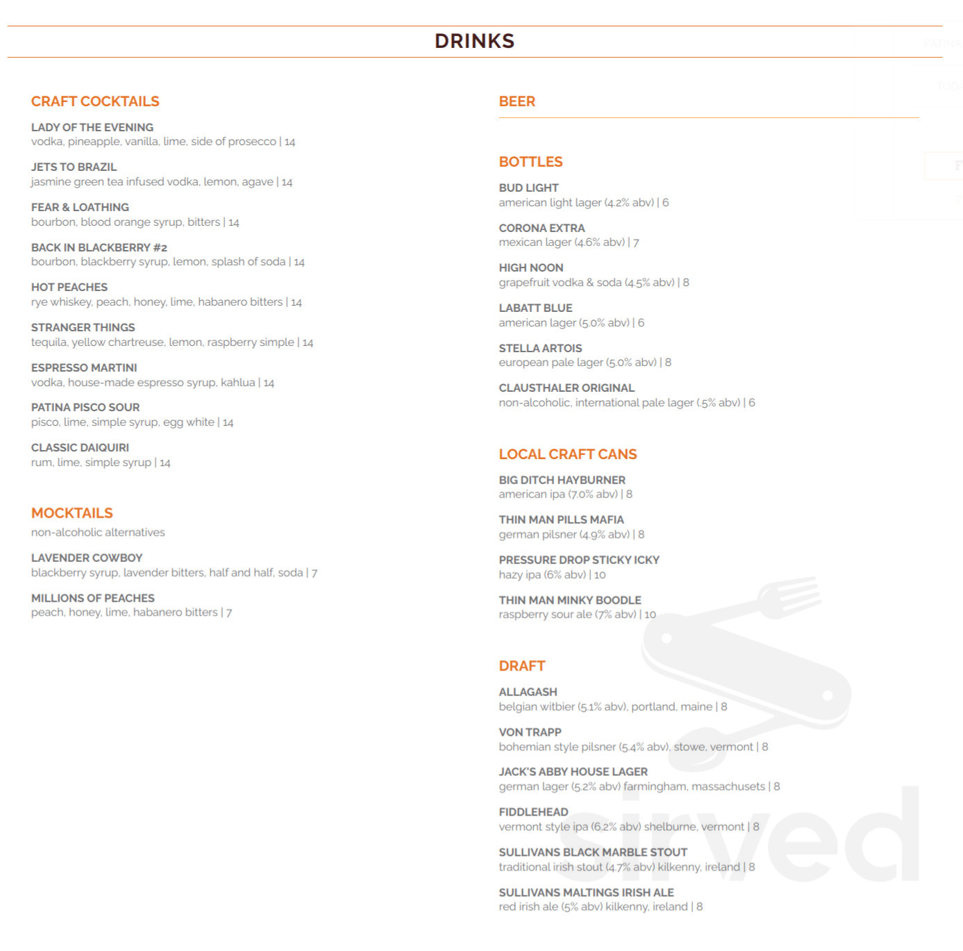 Patina 250 menu in Buffalo, New York, USA