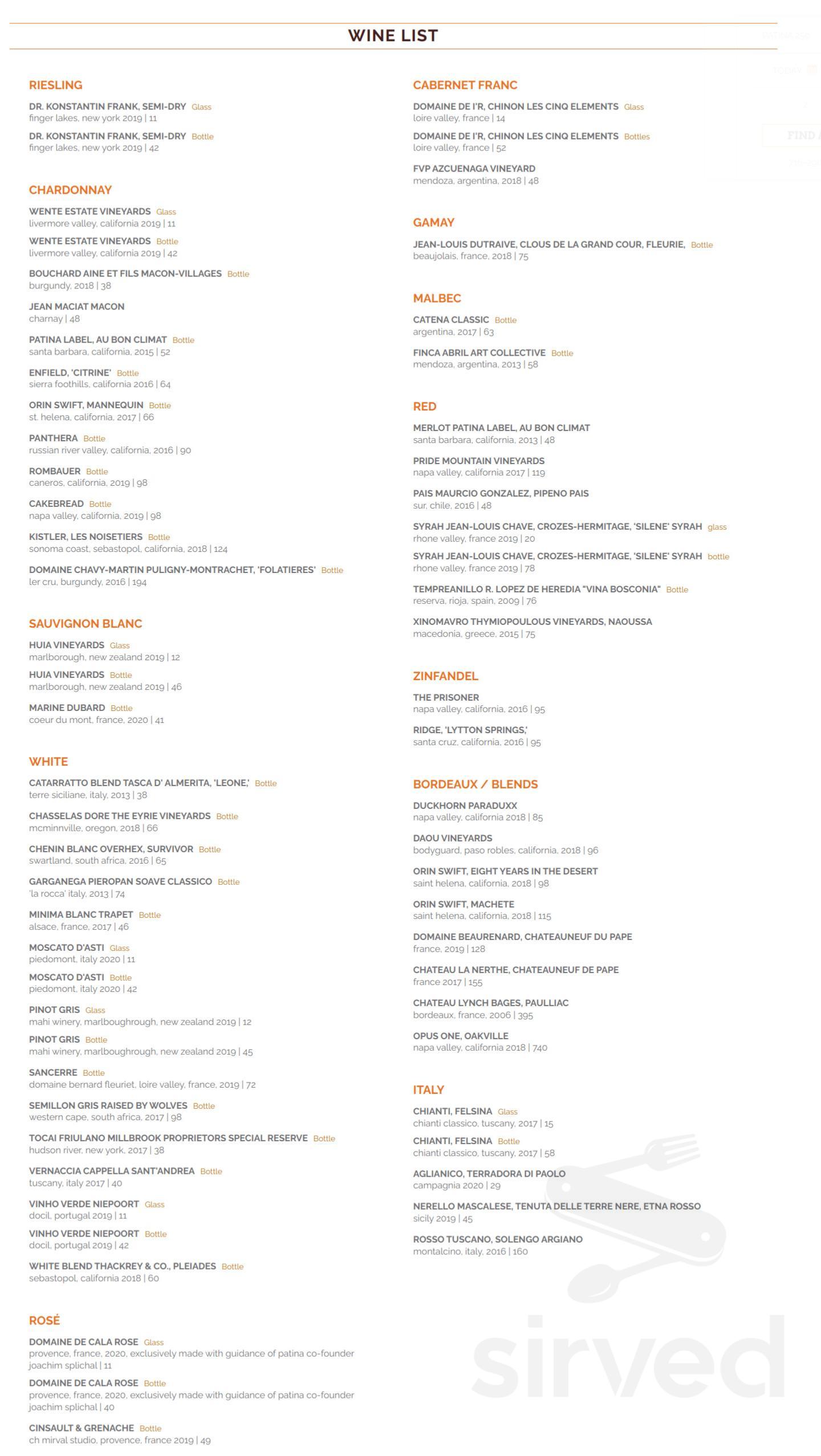 Patina 250 menu in Buffalo, New York, USA