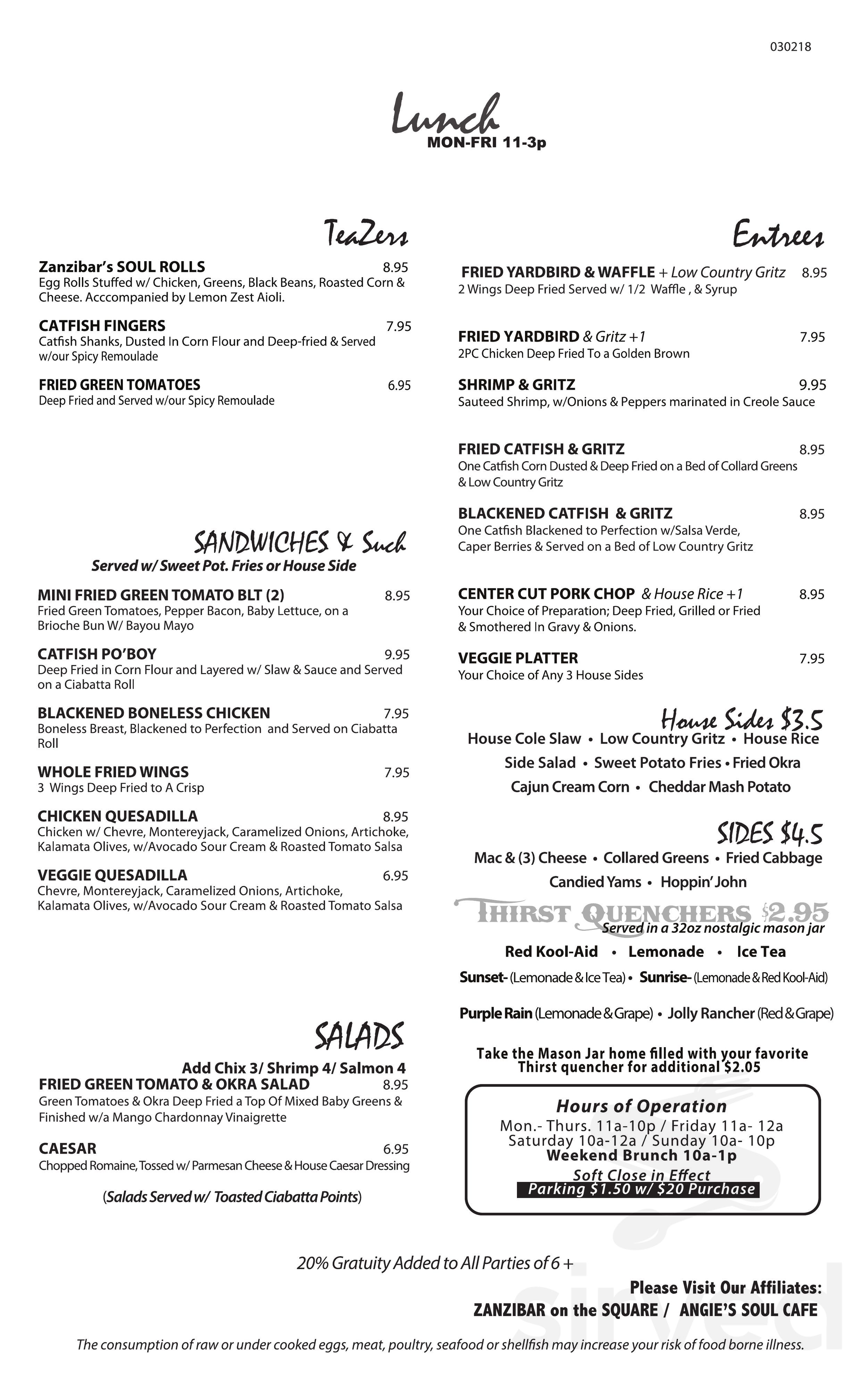 Zanzibar Soul Fusion menu in Cleveland, Ohio, USA