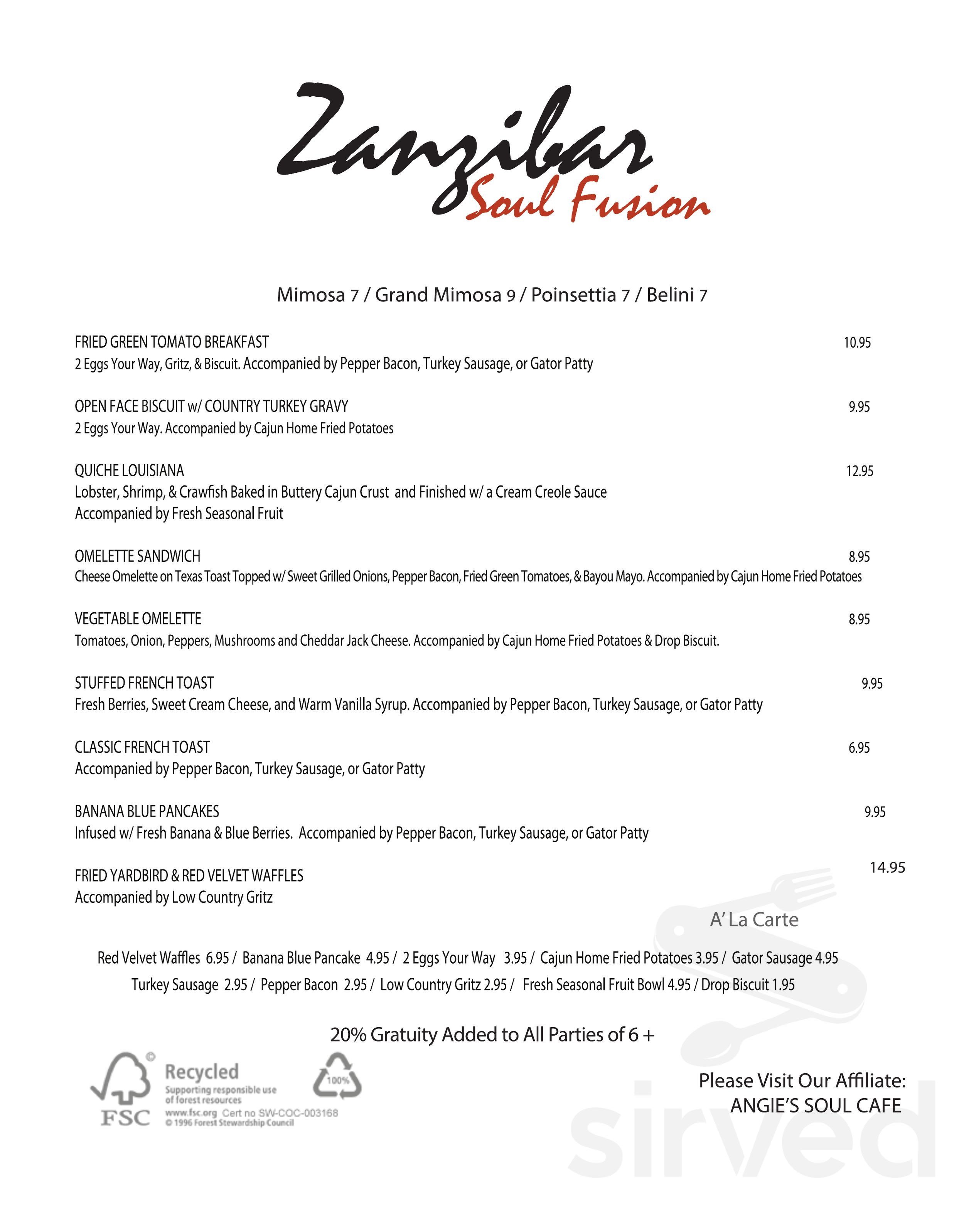 Zanzibar Soul Fusion menu in Cleveland, Ohio, USA