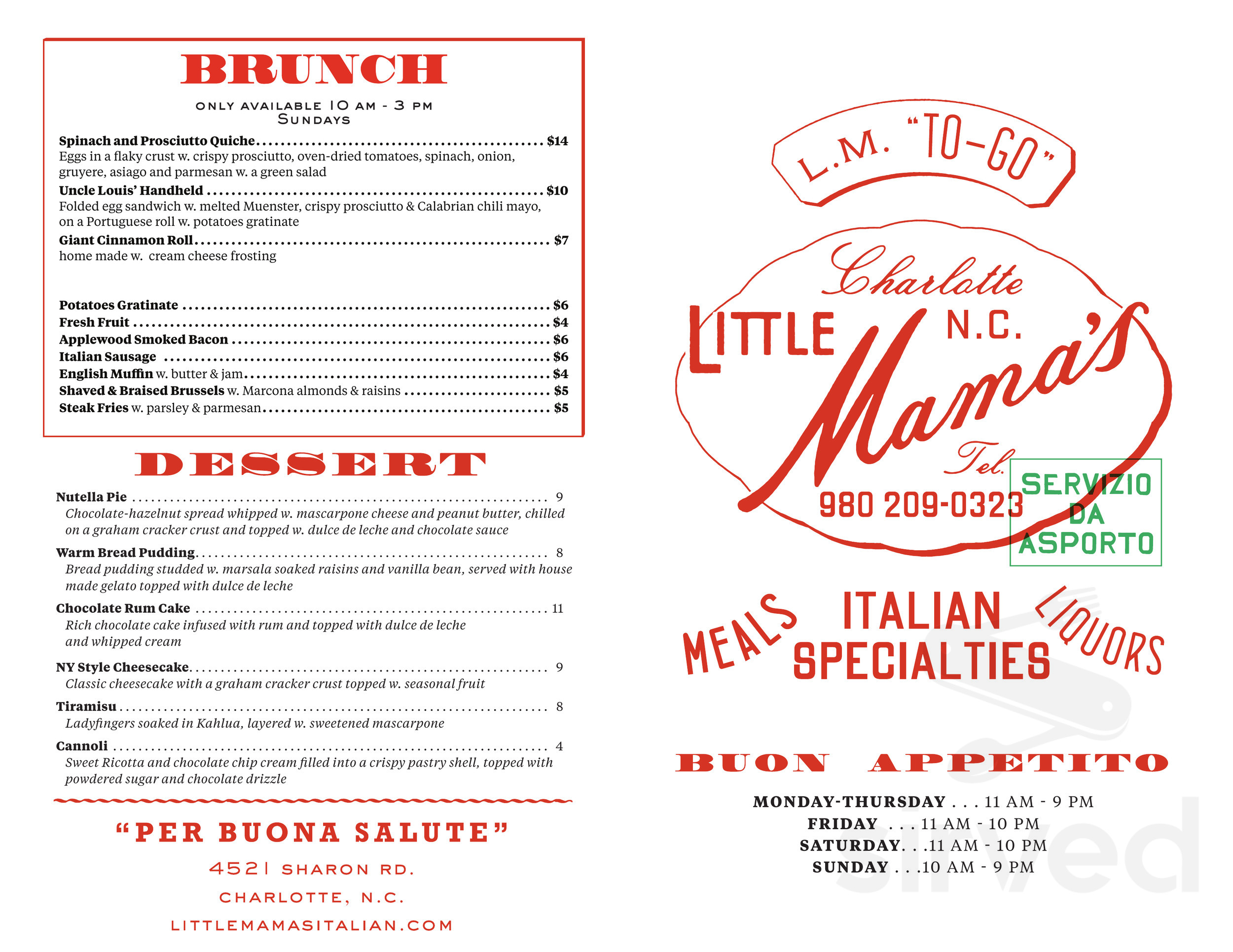 Little Mama's Italian menu in Charlotte, North Carolina, USA