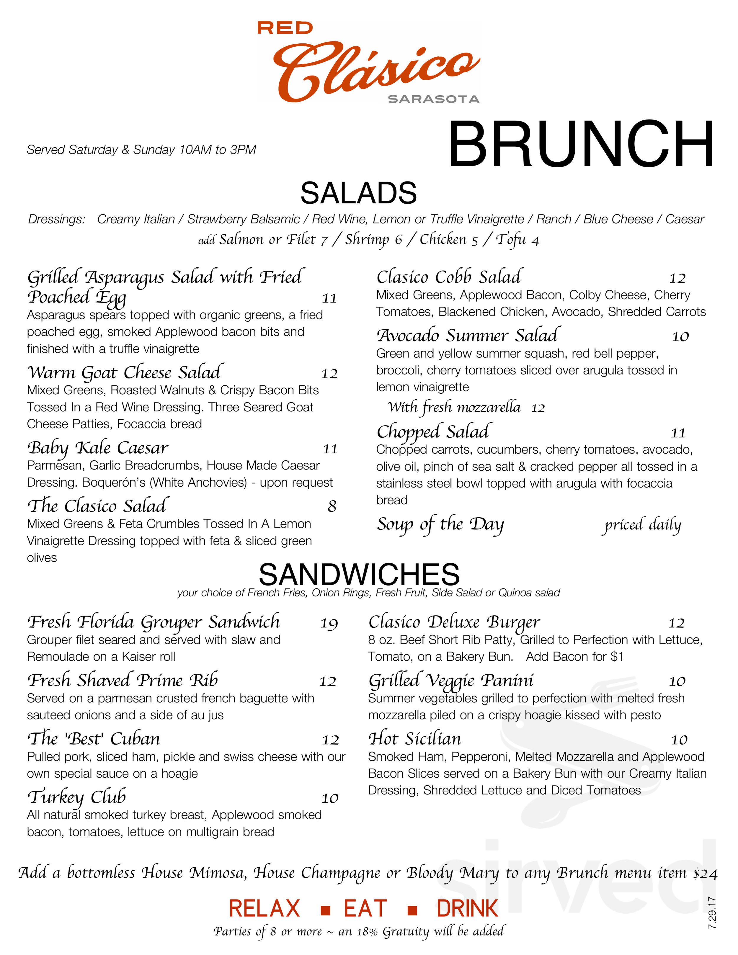 Clasico Italian Chophouse menu in Sarasota, Florida, USA