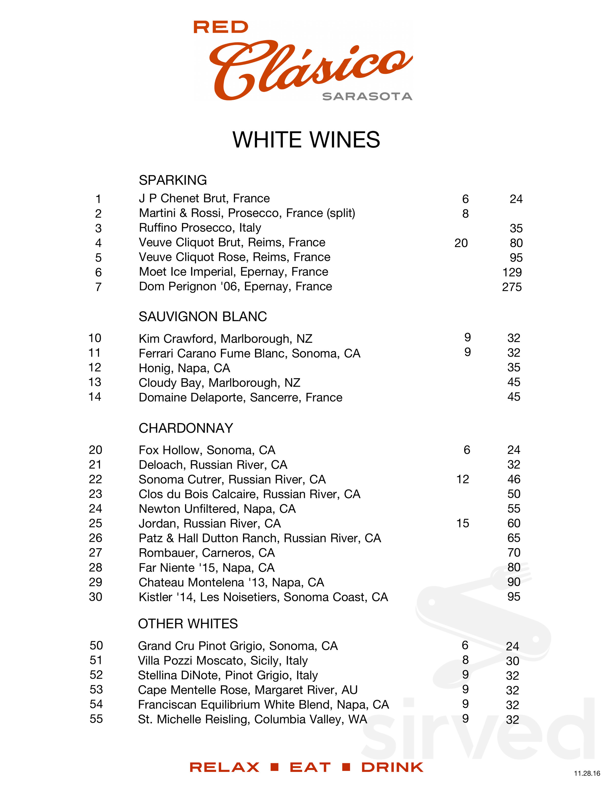 Clasico Italian Chophouse menu in Sarasota, Florida, USA