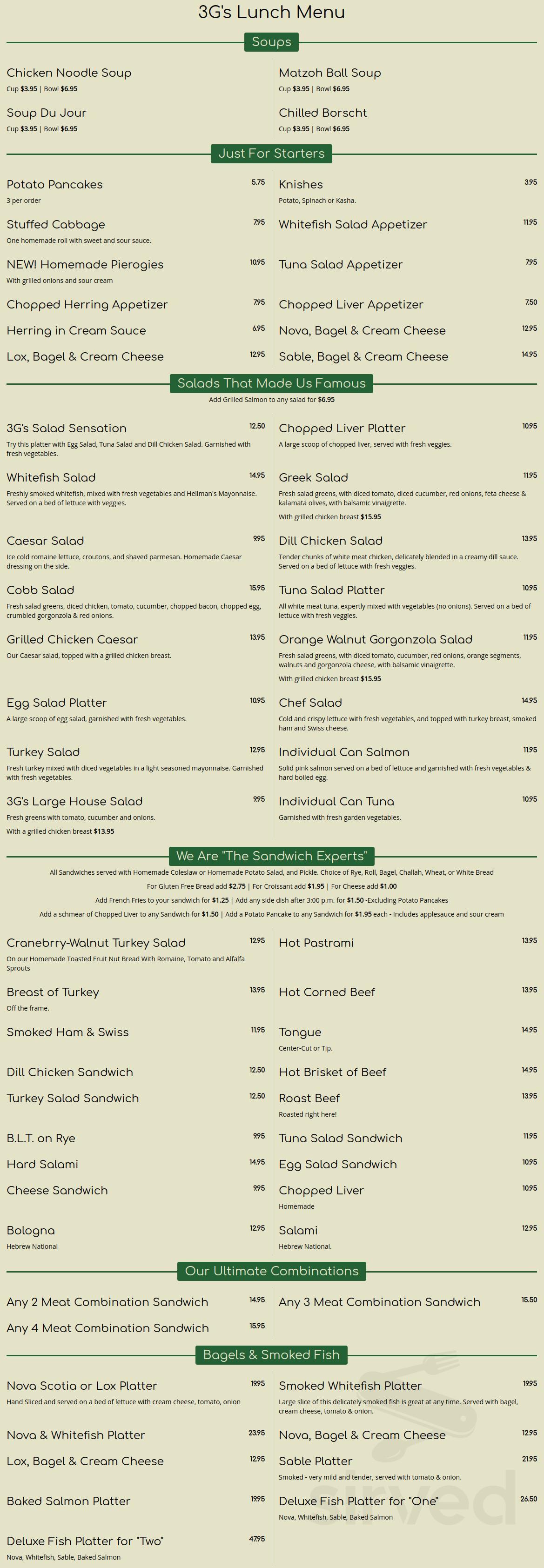 Menu for 3 G's Gourmet Deli & Restaurant in Delray Beach, FL | Sirved