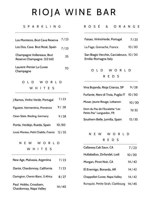 Rioja! A Wine Bar menu in Greensboro, North Carolina, USA