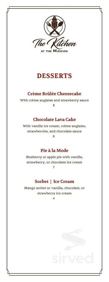 Menu for The Kitchen at The Mission in Santa Nella, CA | Sirved