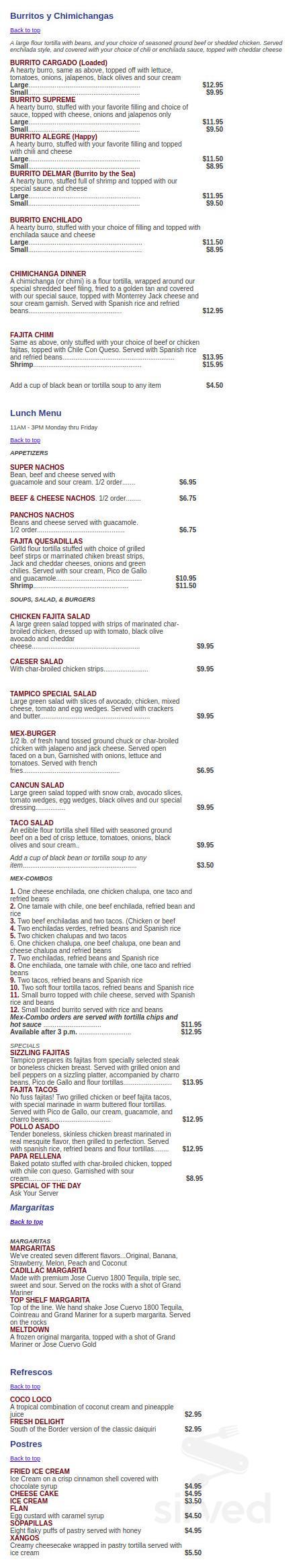 Tampico's menu in Morgan City, Louisiana, USA