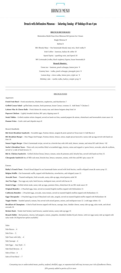 801 Restaurant & Bar menu in 801 Florida Ave NW, Washington, DC 20001