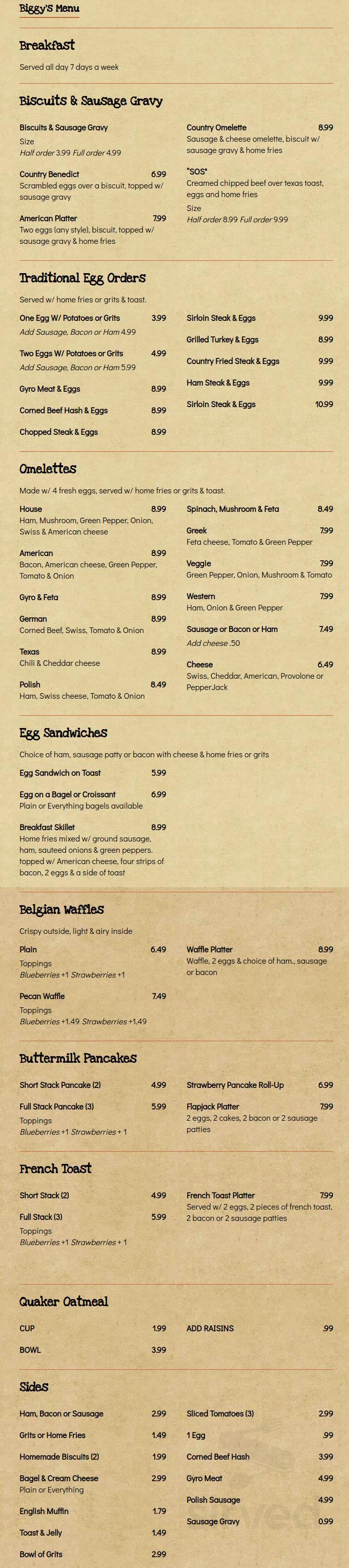 Menu for Biggy's Place in Fort Myers, FL | Sirved