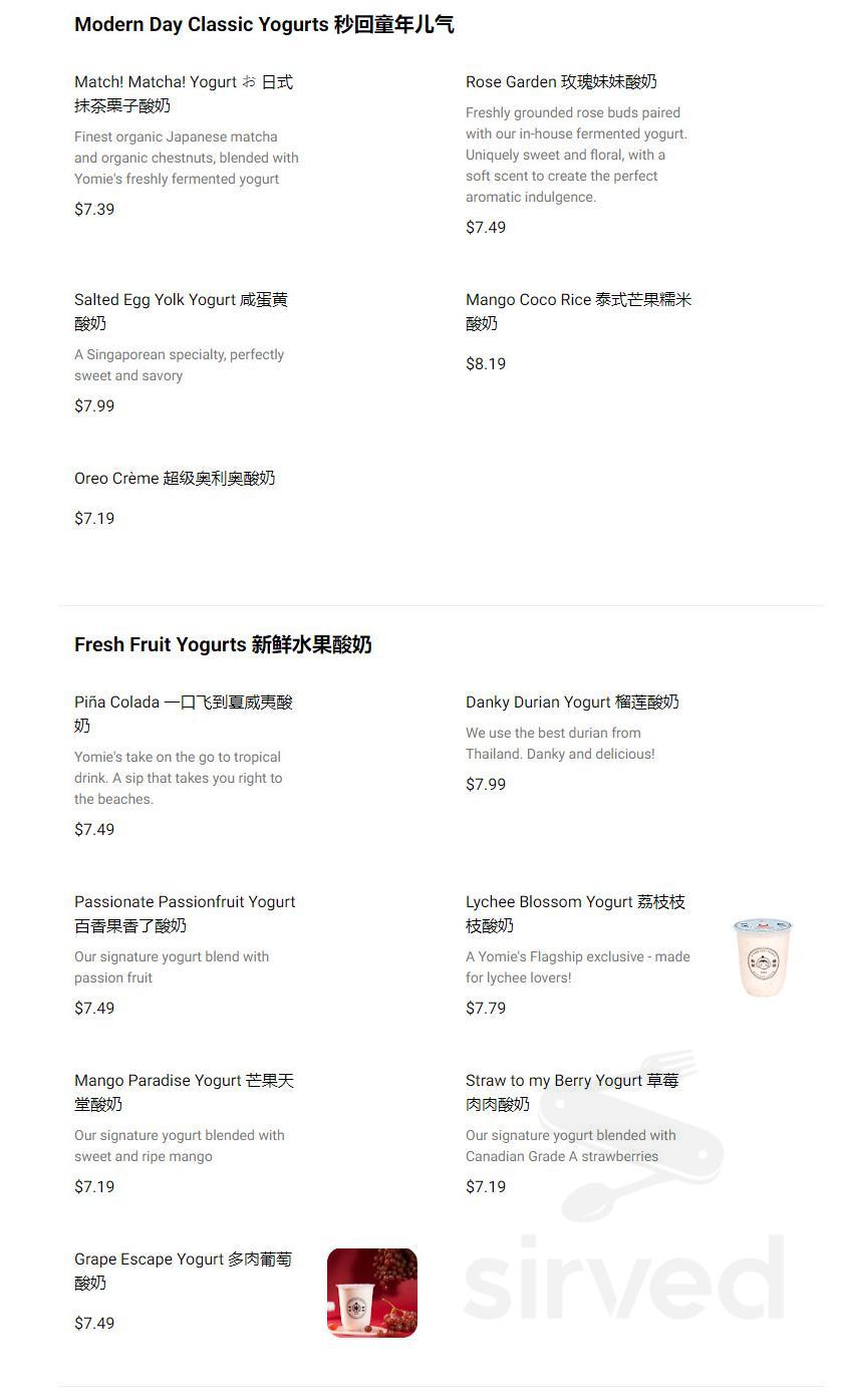 Yomie's Yogurt menu in Thornhill, Ontario, Canada