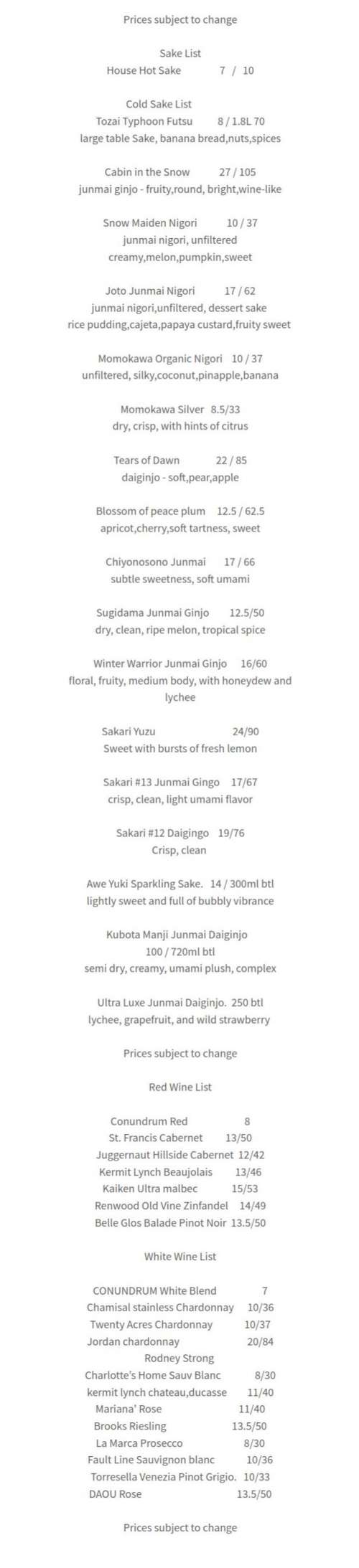 Blue Buddha Sushi Lounge menu in Big Sky, Montana, USA