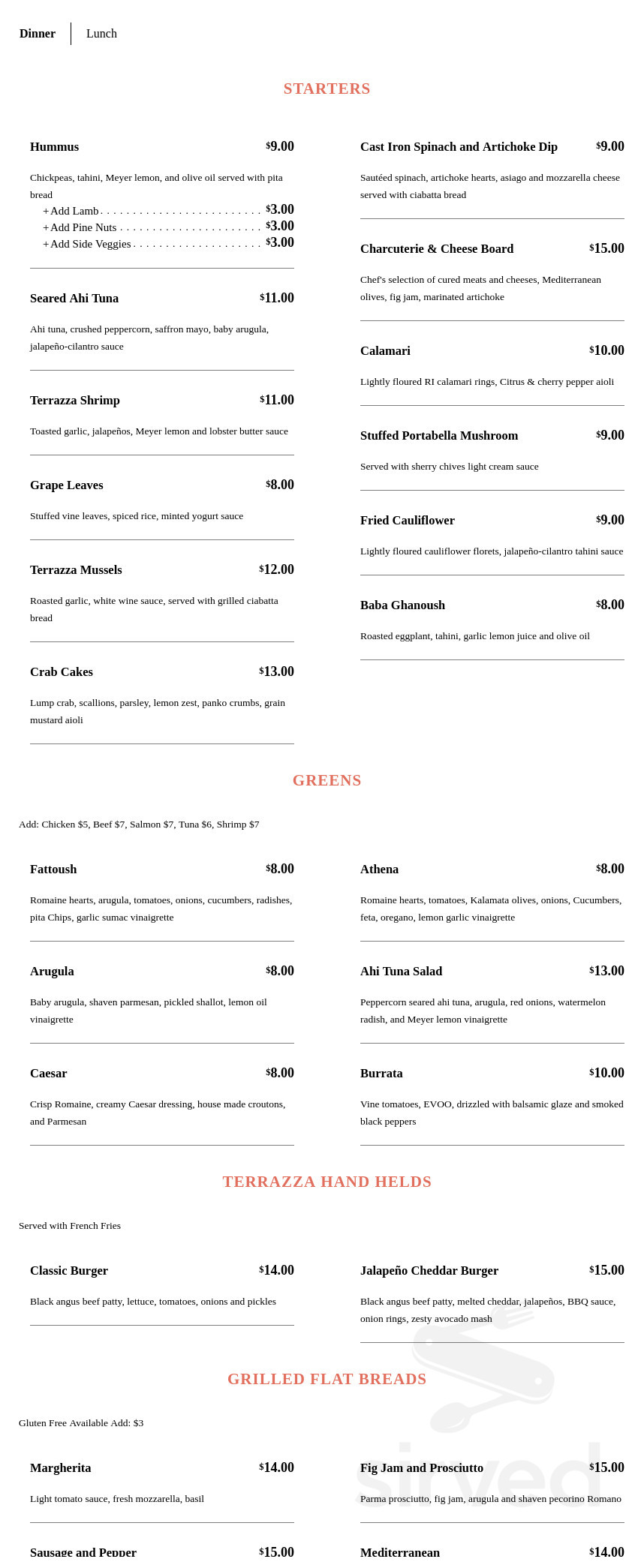Terrazza menu in Smithfield, Rhode Island, USA
