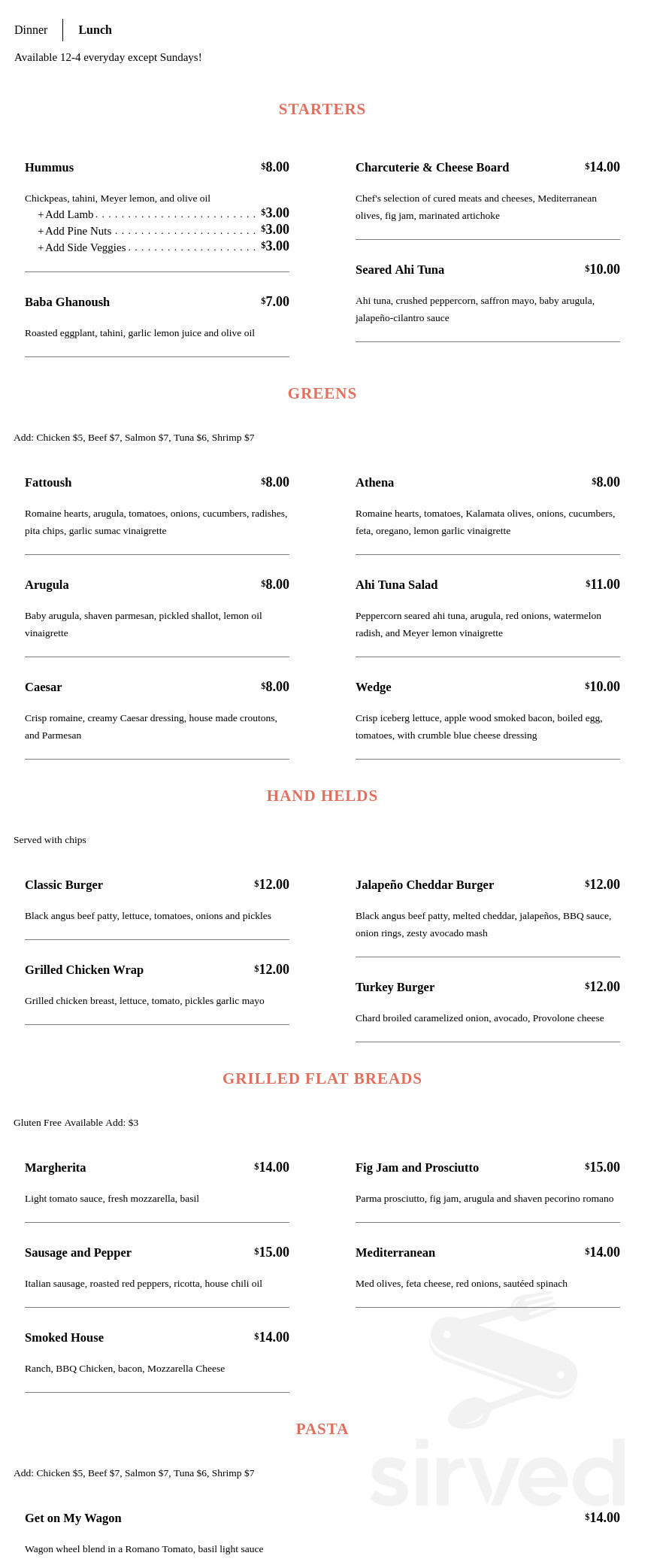 Terrazza menu in Smithfield, Rhode Island, USA