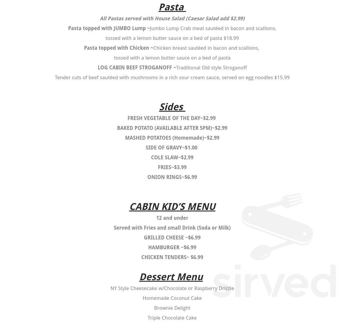 Jimmy Joy's Log Cabin Inn menu in Hancock, Maryland, USA
