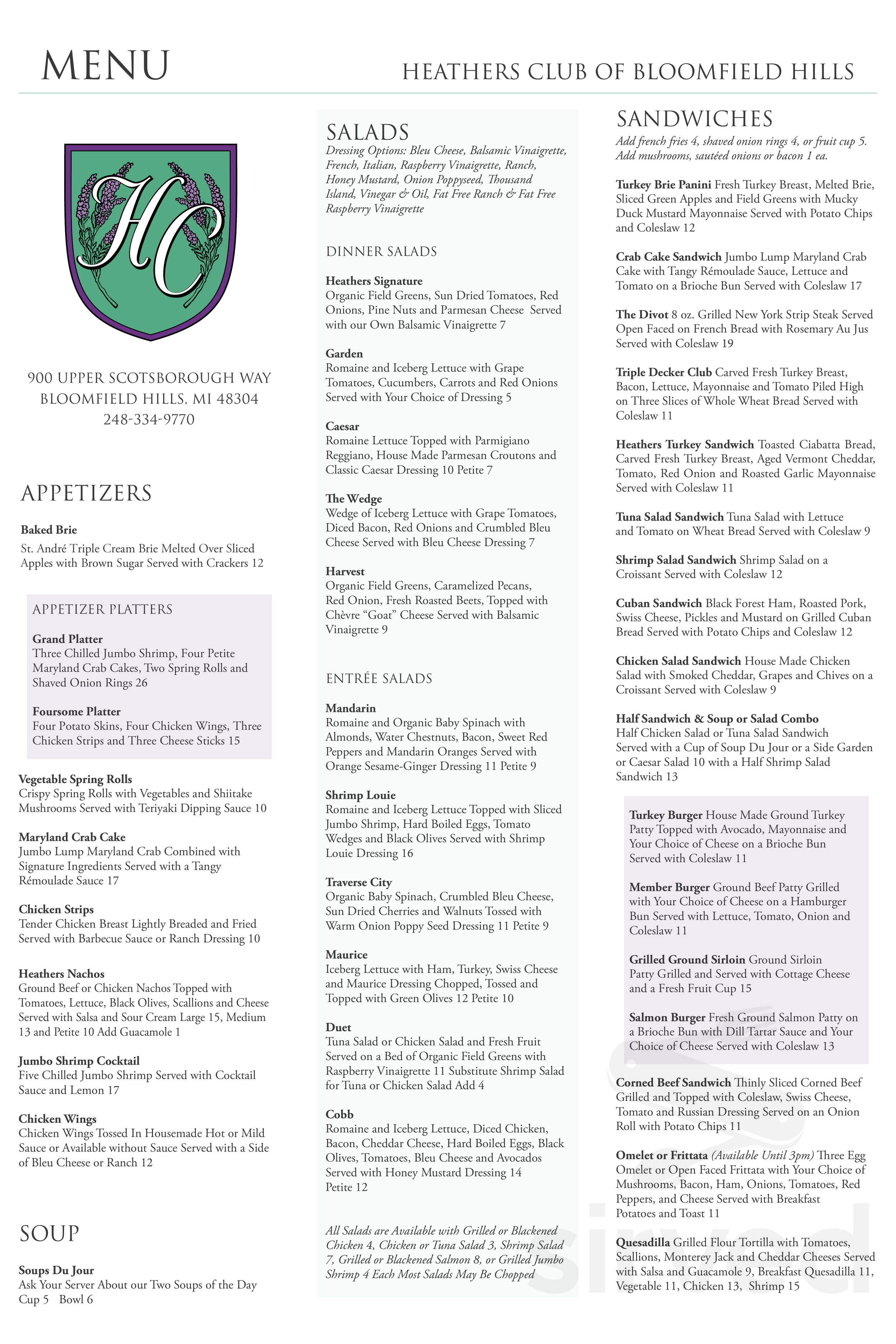 Menu for Heathers Club of Bloomfield in Bloomfield Hills, MI | Sirved