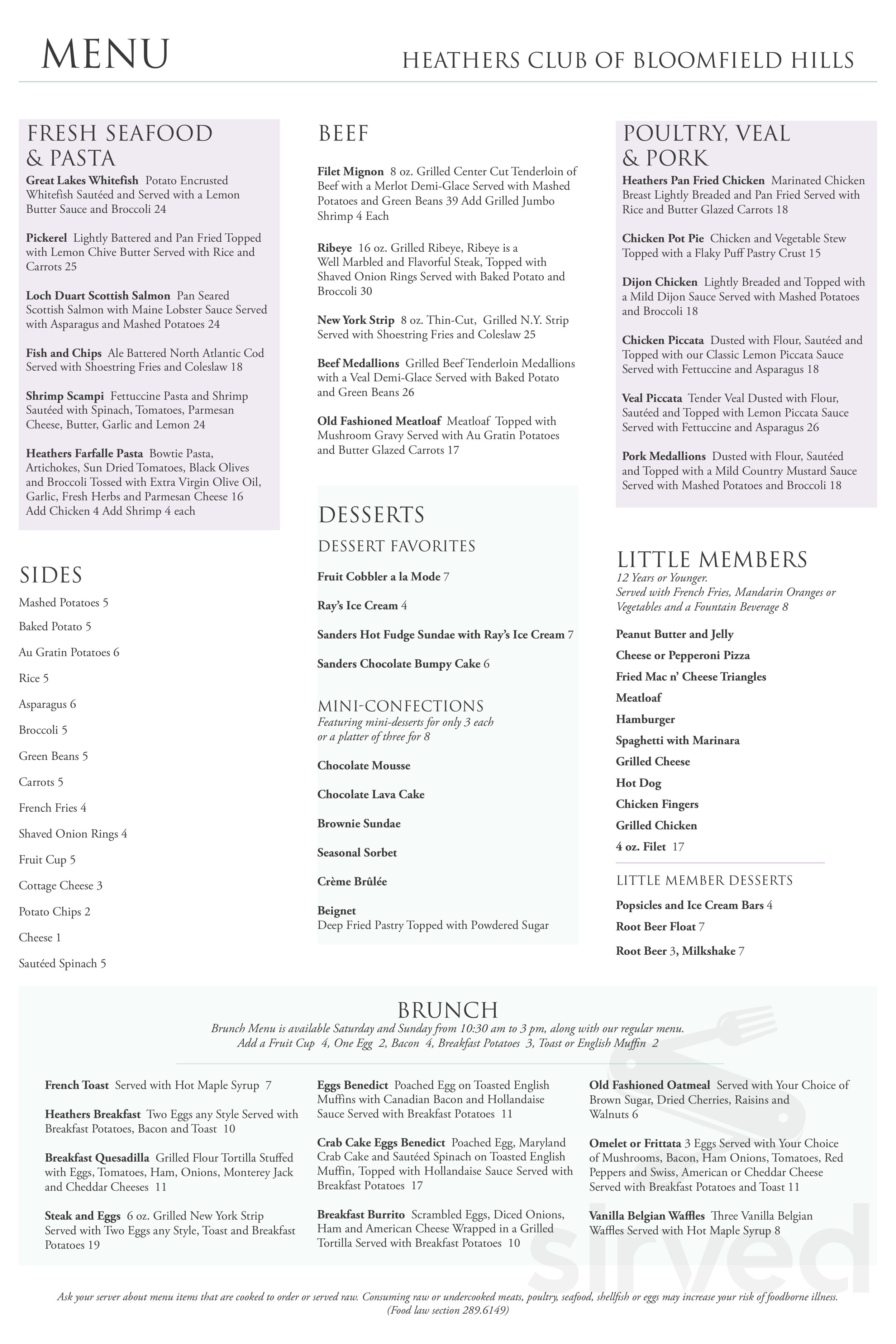 Heathers Club of Bloomfield menu in Bloomfield Hills, Michigan, USA