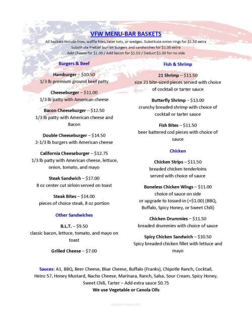 VFW Post 723 menu in Baudette, Minnesota, USA