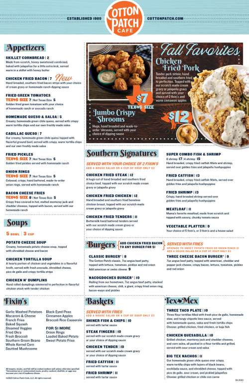 Cotton Patch menu in Springdale, Arkansas, USA