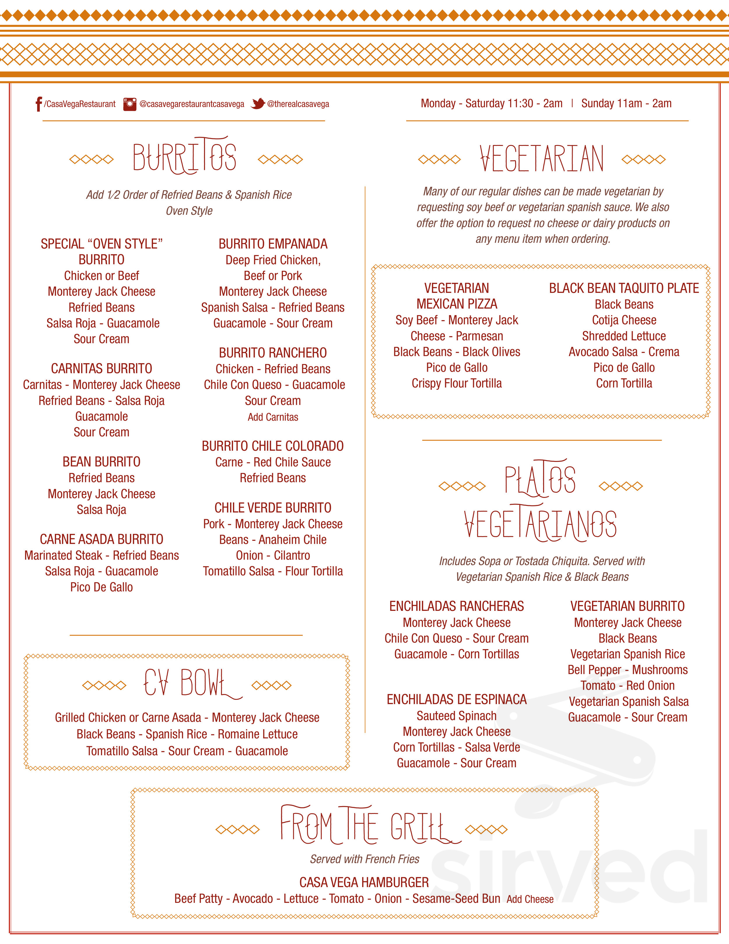 Menu - Sherman Oaks CA's Casa Vega | Sirved