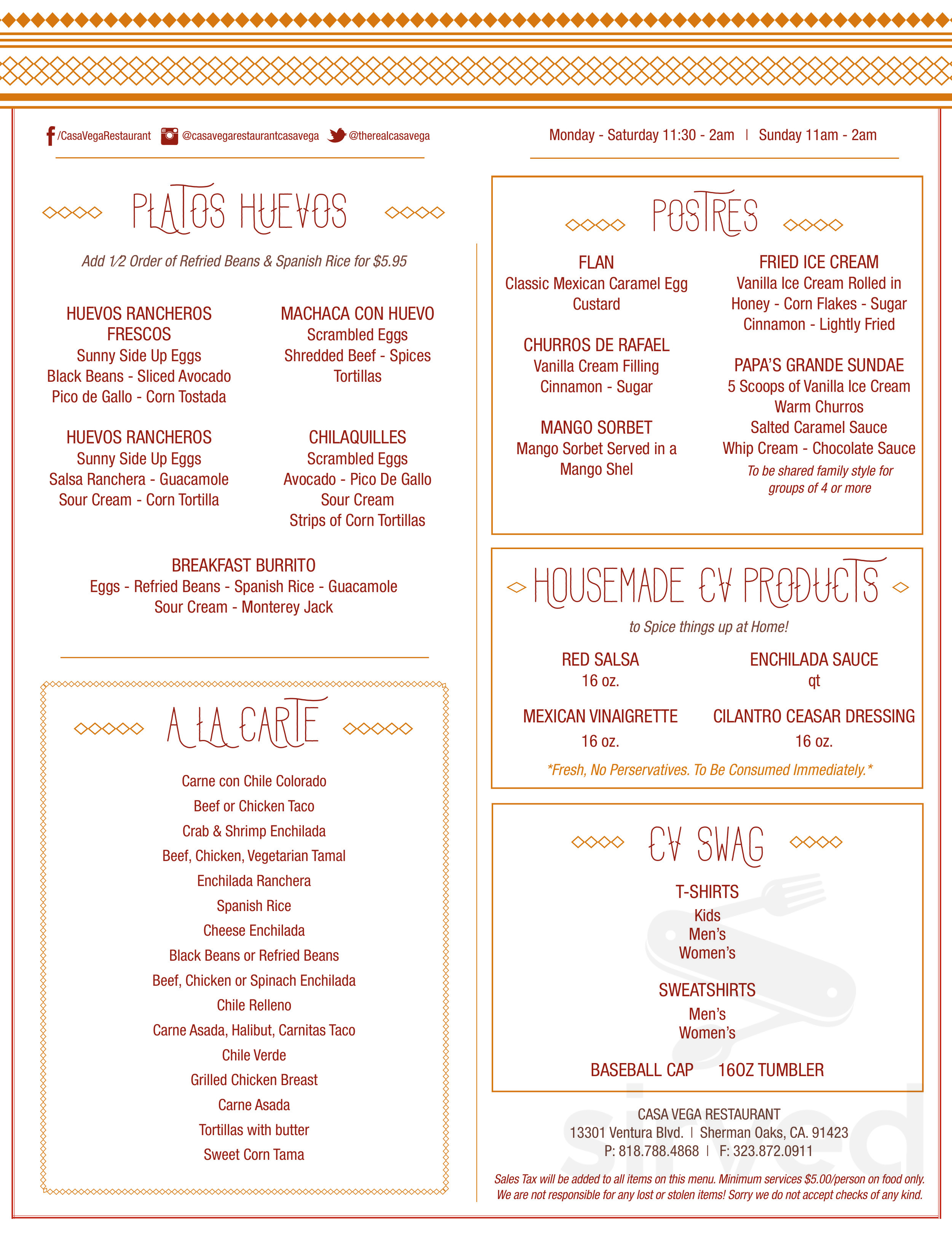 Menu - Sherman Oaks CA's Casa Vega | Sirved