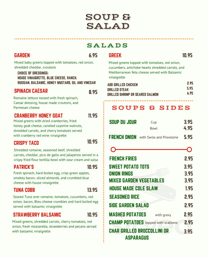 Patrick's Pub menu in Hopatcong, New Jersey, USA