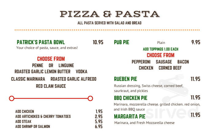 Patrick's Pub menu in Hopatcong, New Jersey, USA