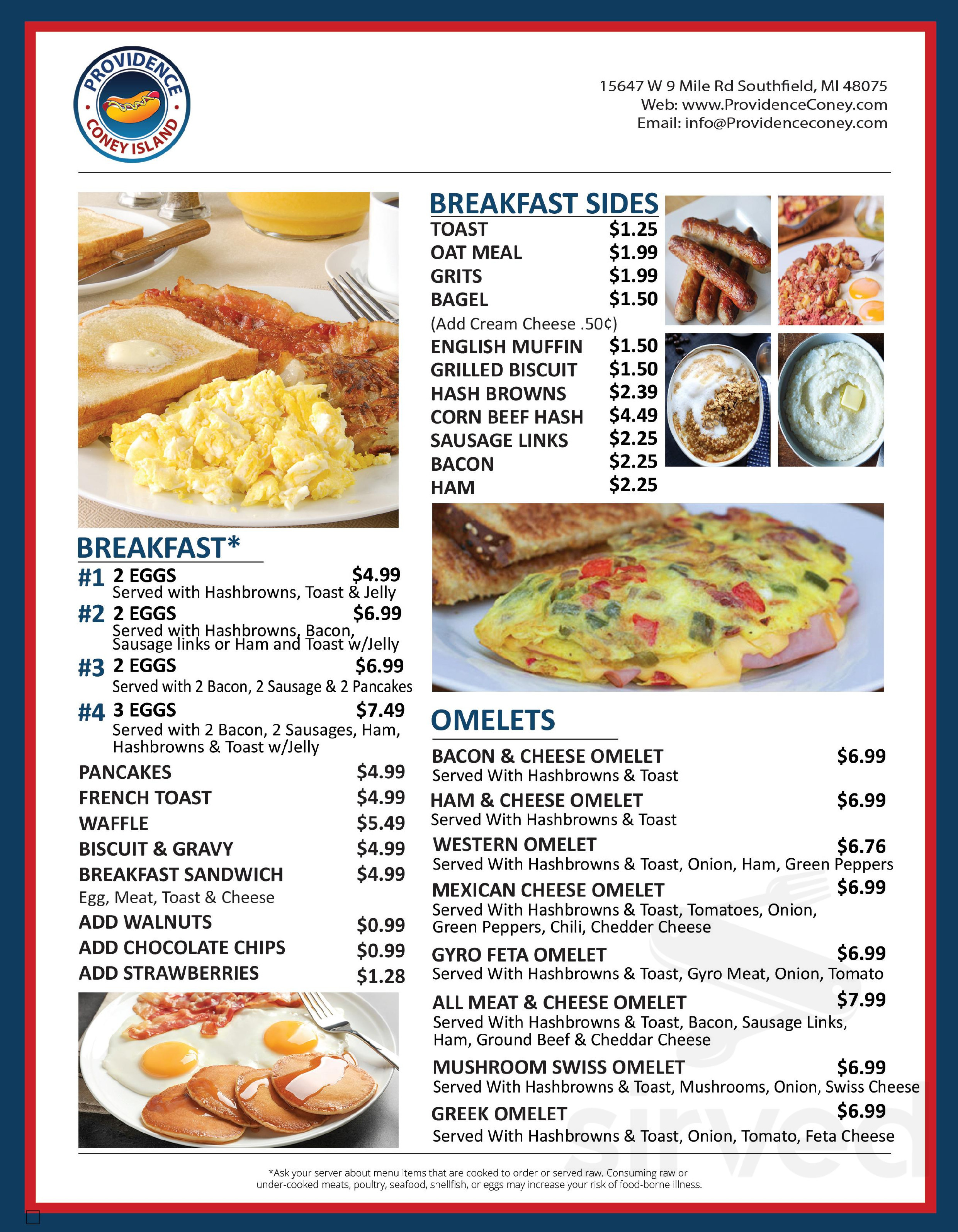 Providence Coney island menu in Southfield, Michigan, USA