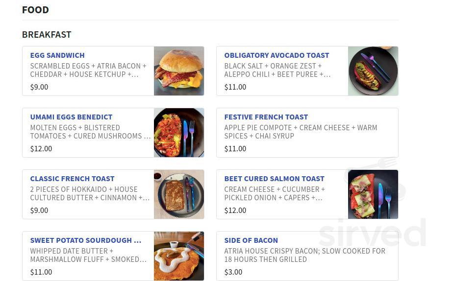 ATRIA Cafe menu in Lakewood Ranch, Florida, USA